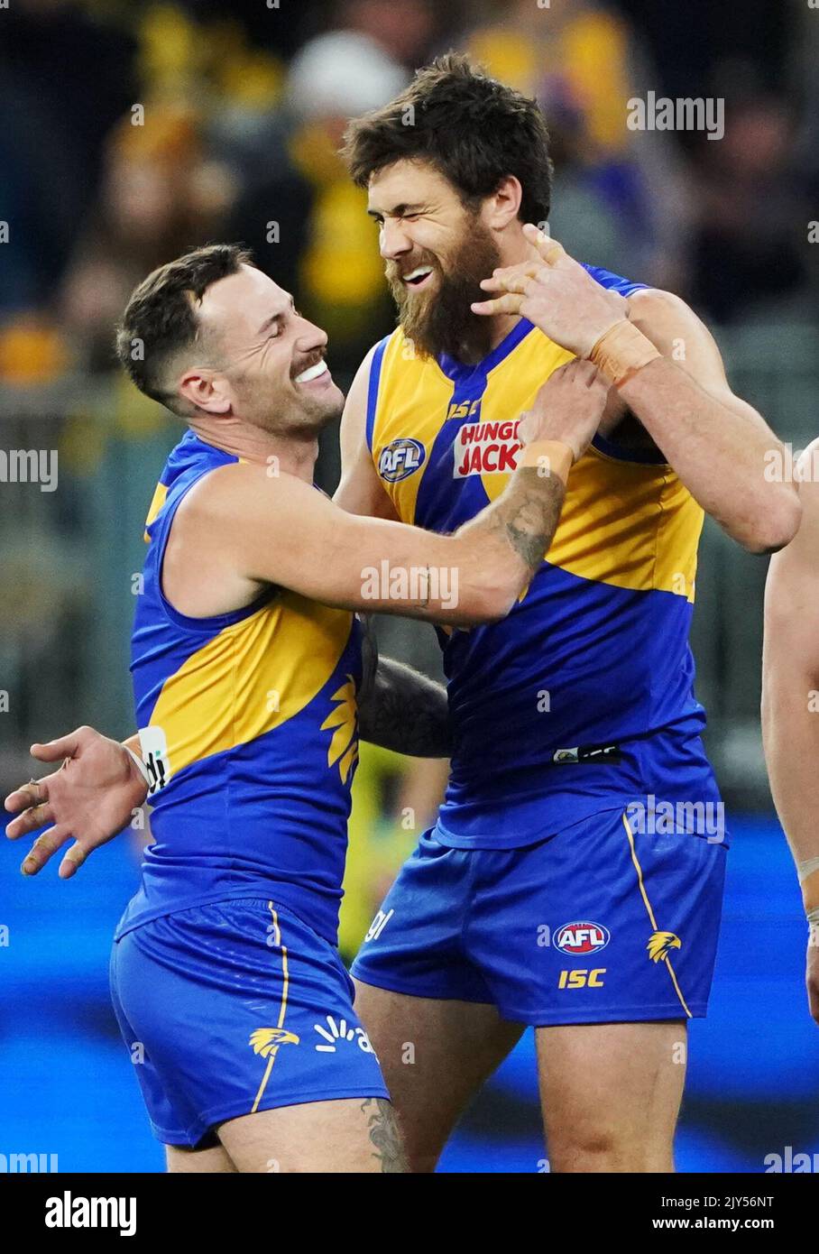 Chris Masten and Josh Kennedy of the Eagles (Right) celebrate a goal ...