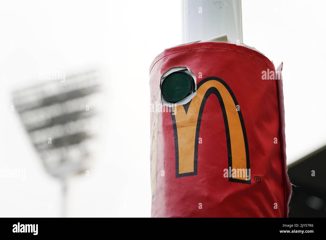 A video camera is seen inside a goal post during the First Qualifying ...