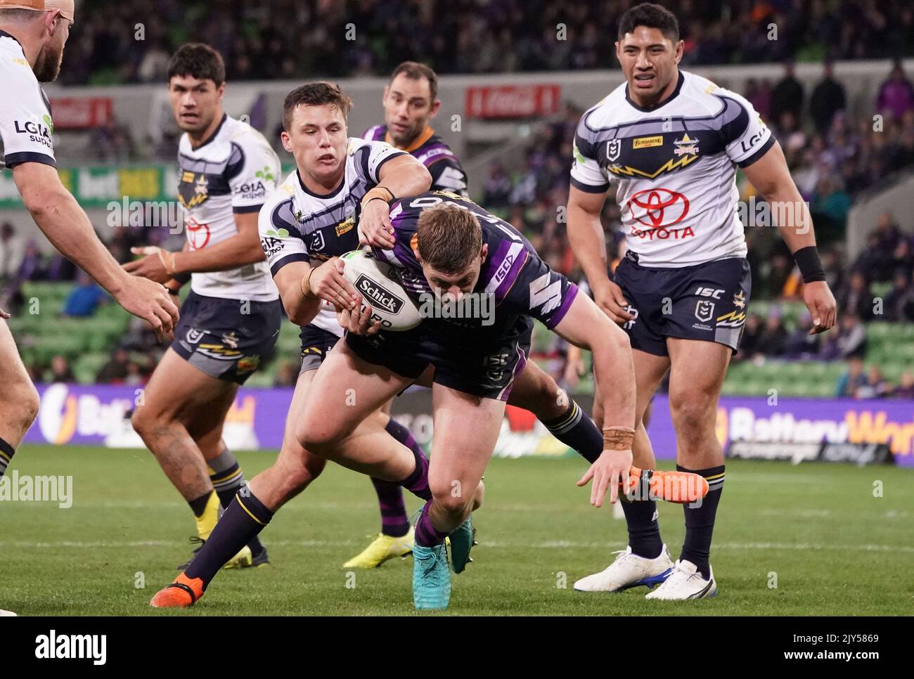 Max King of the Melbourne Storm scores a try during the Round 25 NRL ...