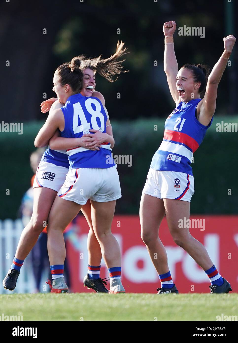 Bailey Hunt of the Bulldogs celebrates the win during the First VFLW ...