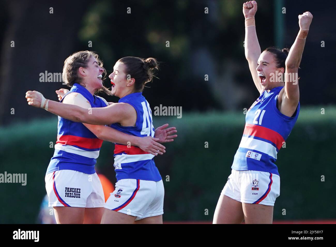 Bailey Hunt of the Bulldogs celebrates the win during the First VFLW ...