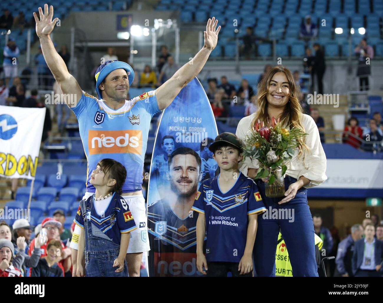 Michael Gordon of the Titans with wife Tess and children Cruz, 8 and ...