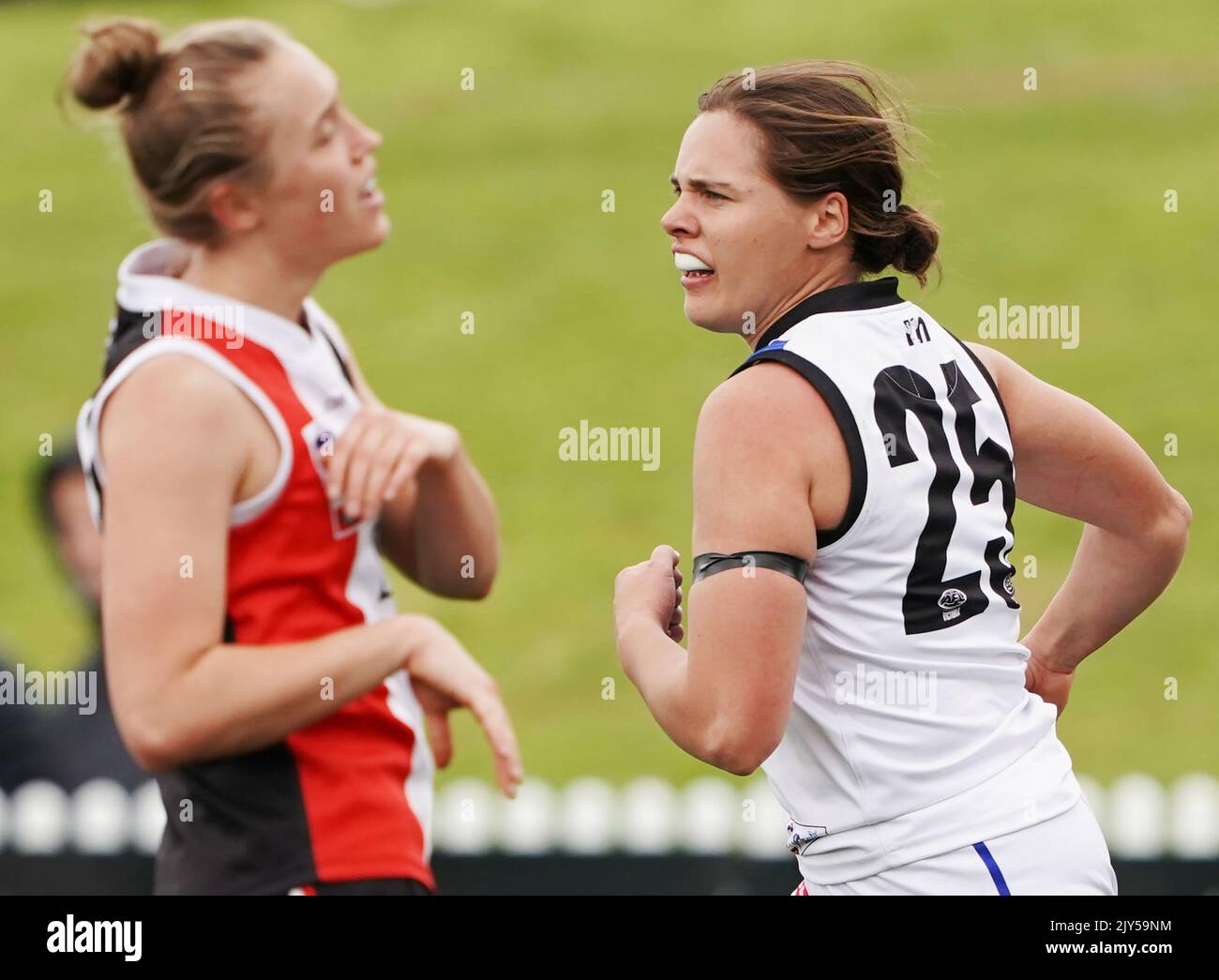 Jasmine Garner of Melbourne Uni celebrates a goal during the Second ...