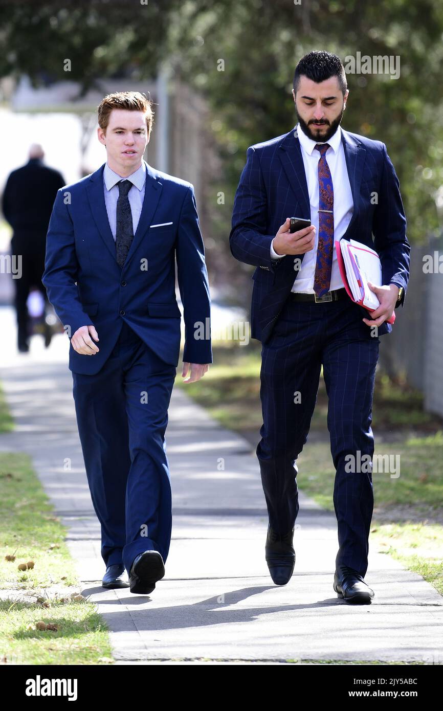 Luke Munday (left) and his lawyer arrive for sentencing at Picton Local ...