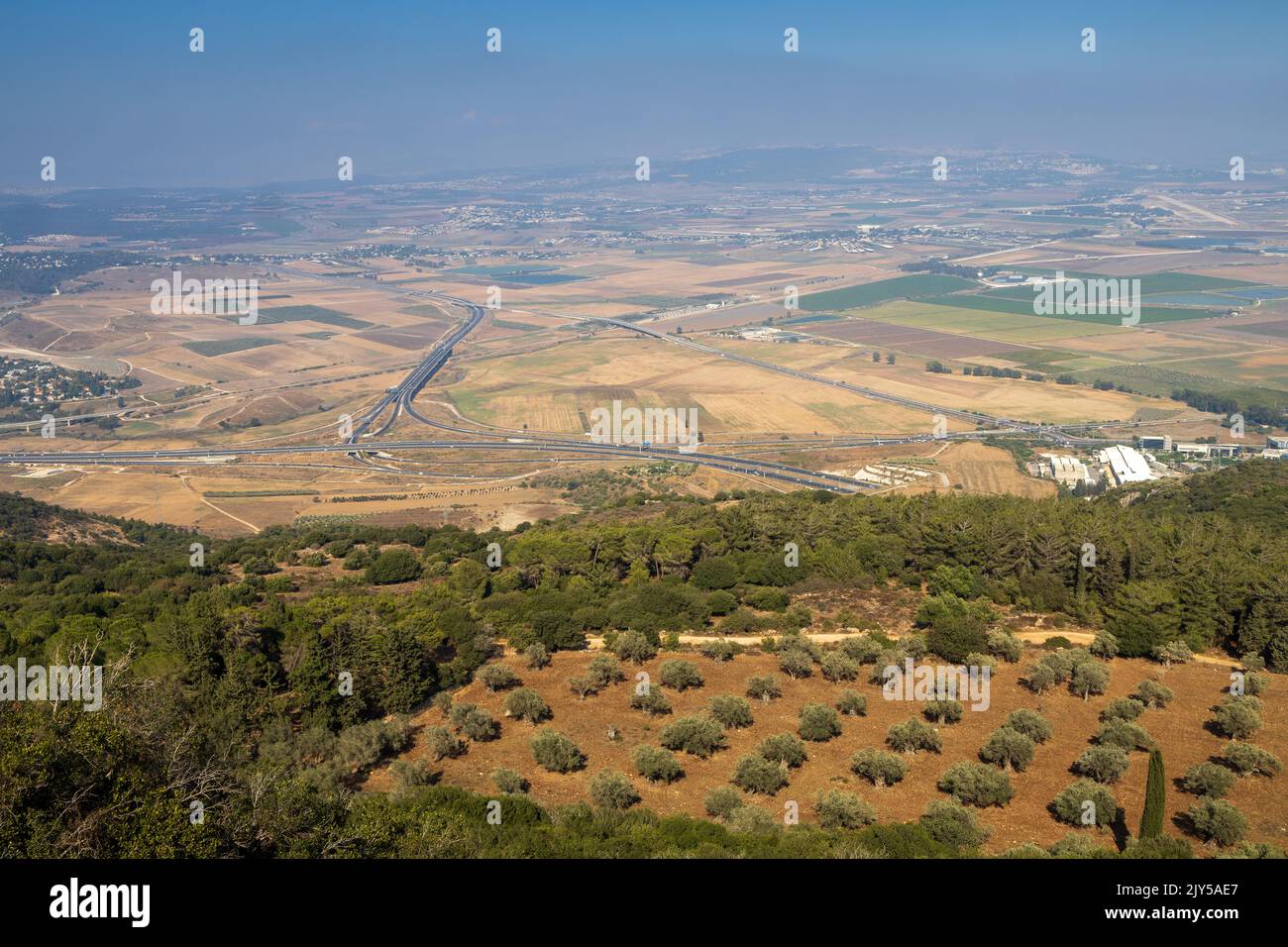 View of the Jezreel Valley in fog in winter cloudy day from Muhraqa on ...