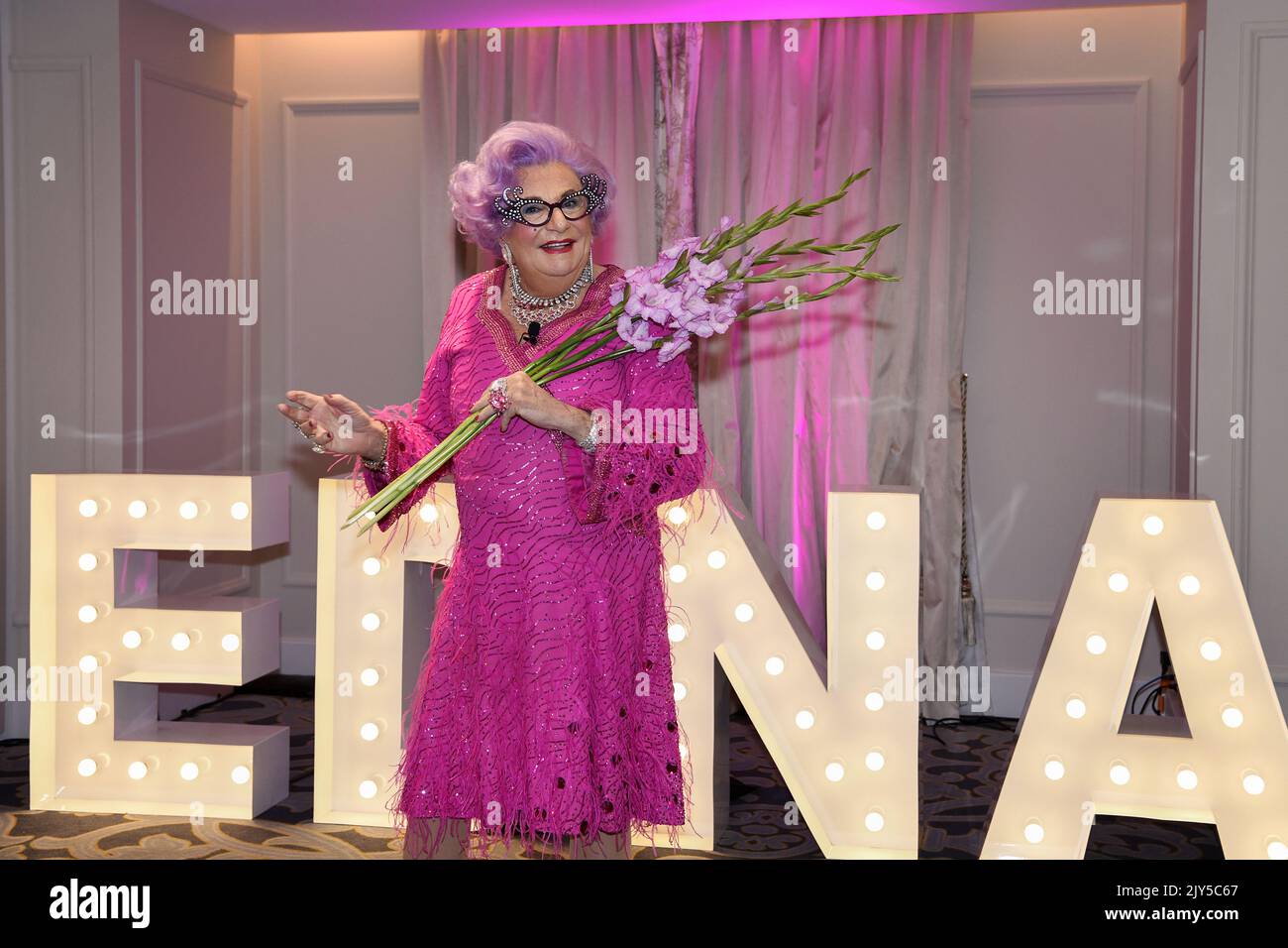 Dame Edna Everage is seen during a High Tea event at The Langham in ...