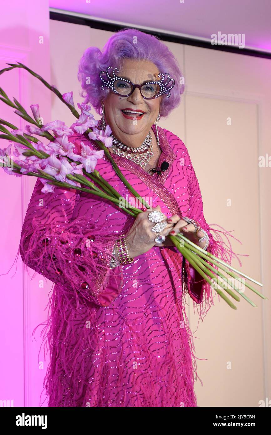 Dame Edna Everage is seen during a High Tea event at The Langham in ...