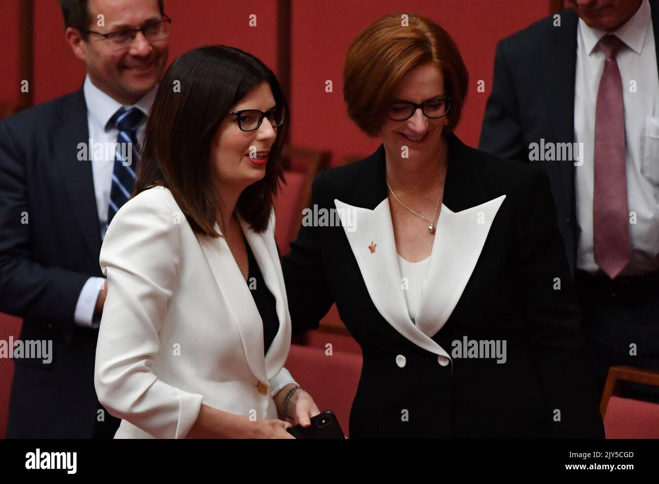 Former prime minister Julia Gillard and Labor Senator Marielle Smith after making her first ...