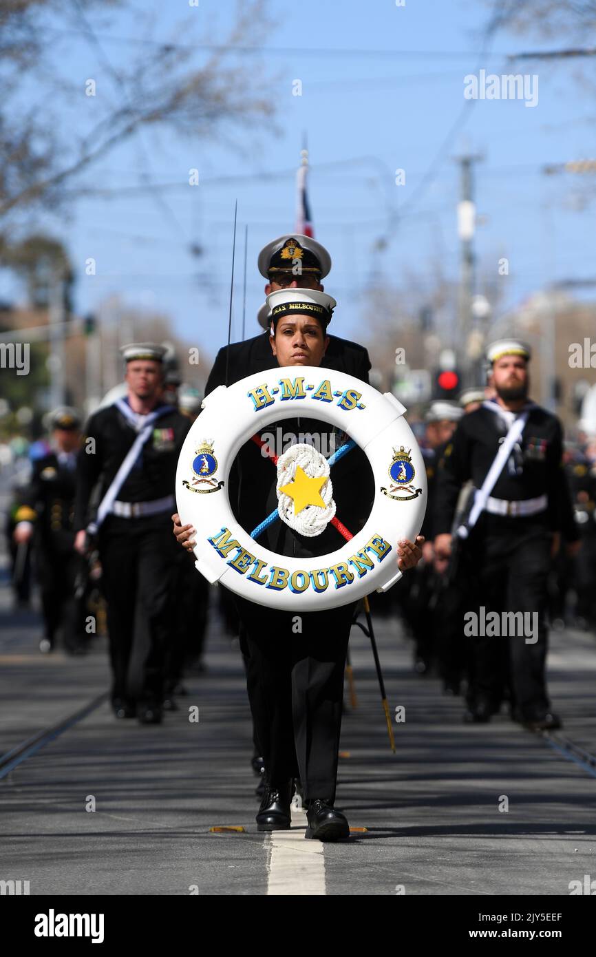 Royal Australian Navy Officers and Sailors from HMAS Melbourne are seen ...