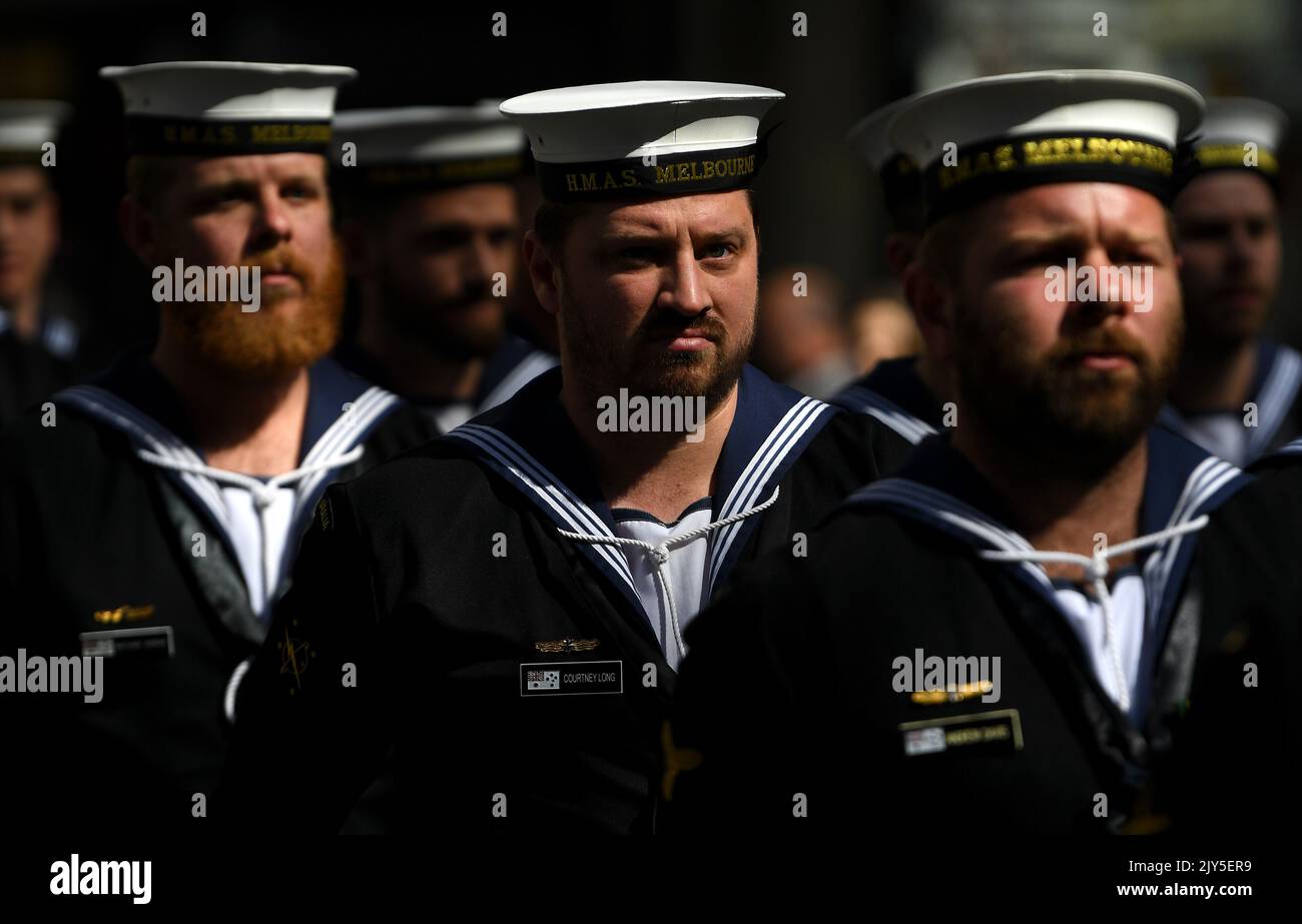 Royal Australian Navy Officers and Sailors from HMAS Melbourne are seen ...