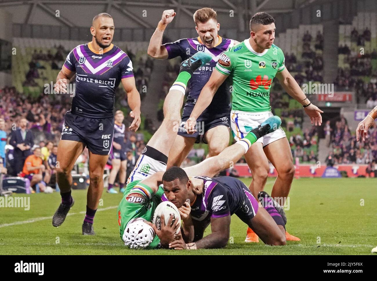 Suliasi Vunivalu of the Melbourne Storm scores a try during the NRL ...