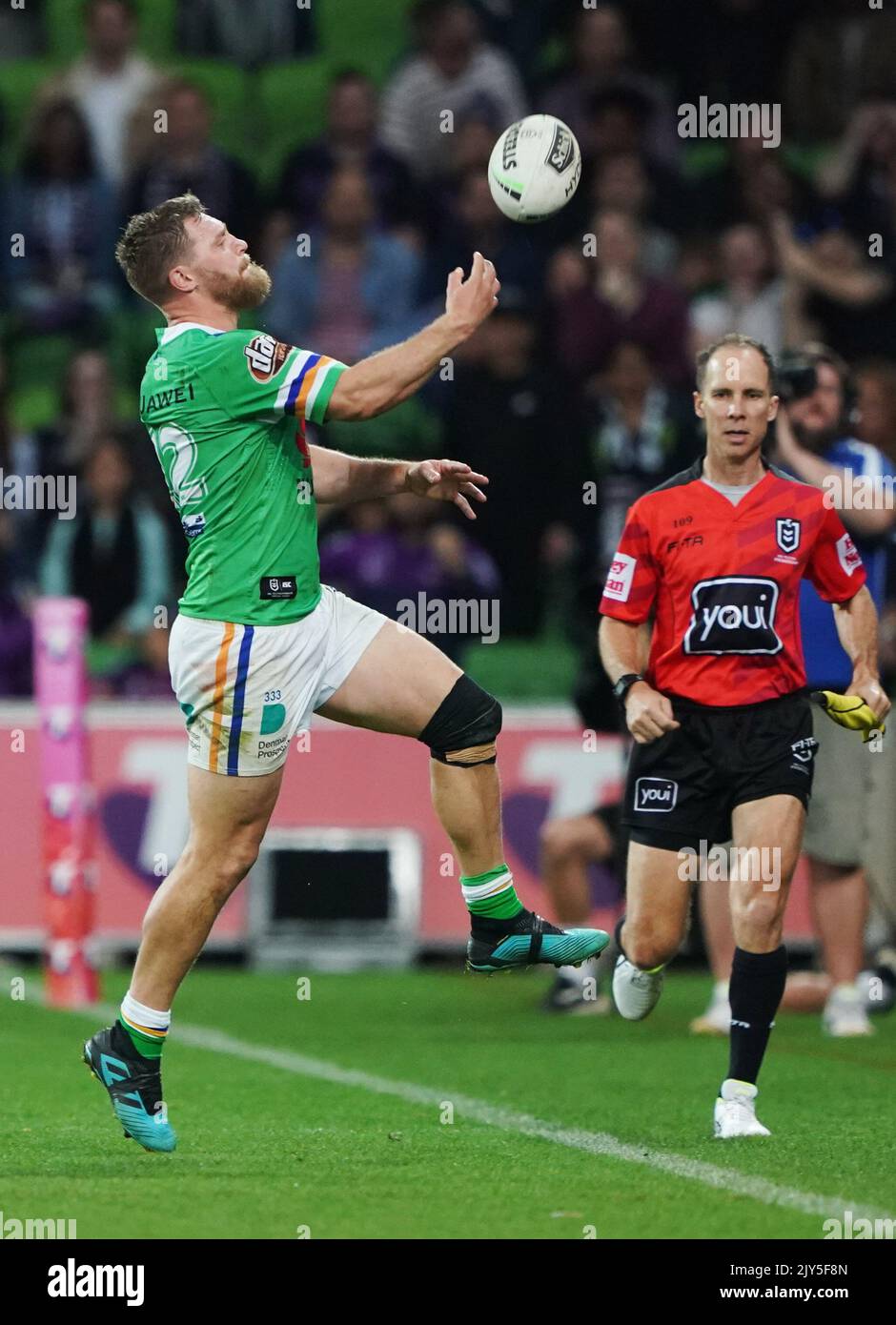 Elliott Whitehead of the Raiders celebrates the win during the NRL ...