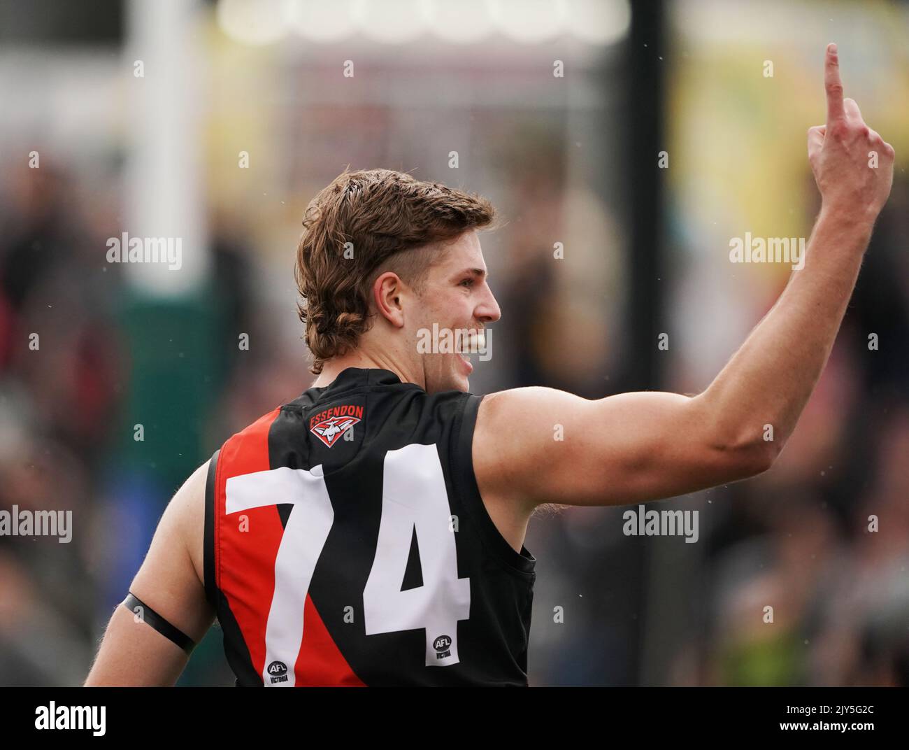 Riley Bowman of Essendon celebrates a goal during the VFL Preliminary ...