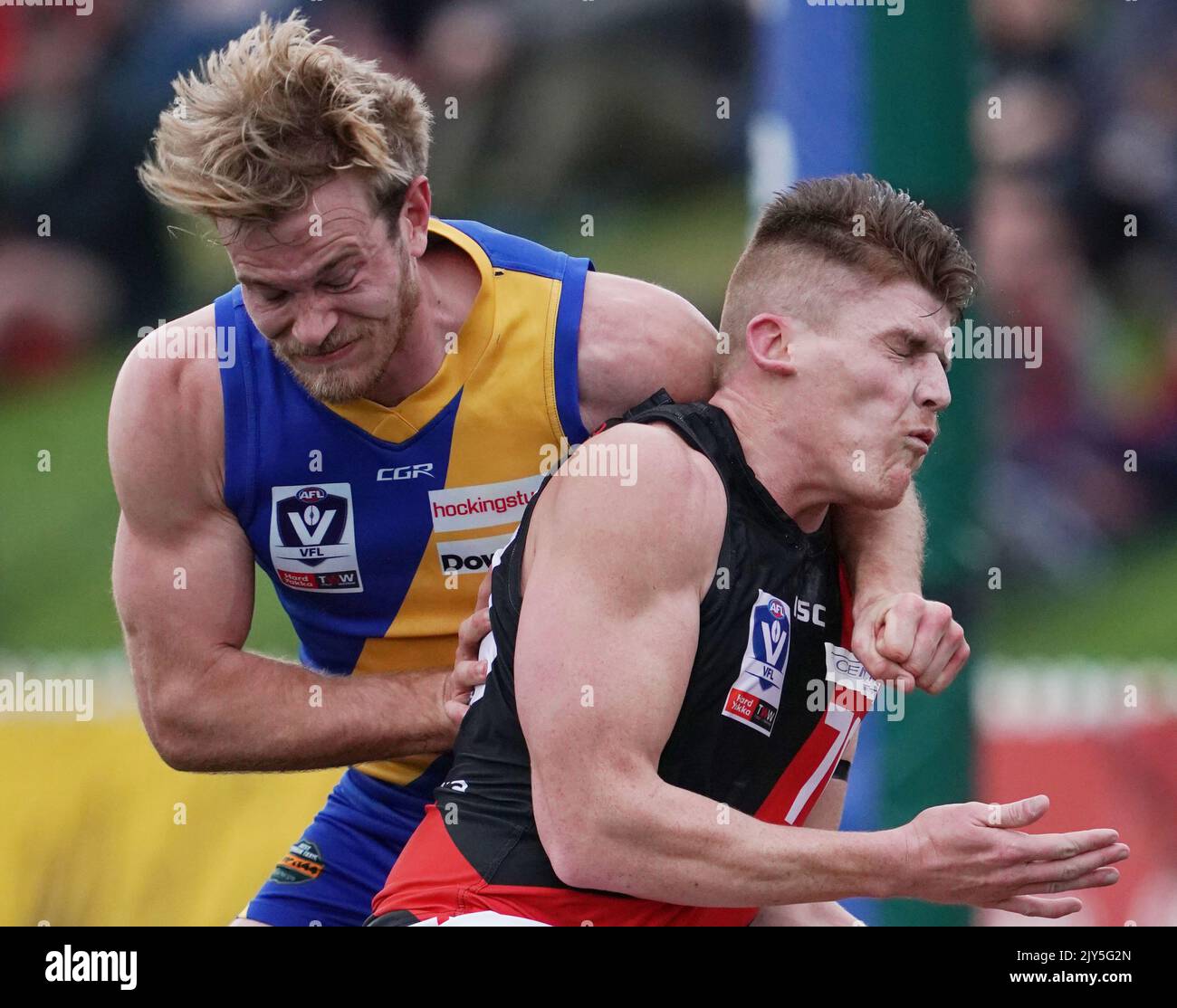 Nick Mellington of Williamstown strikes Liam Mckenna of Essendon during ...