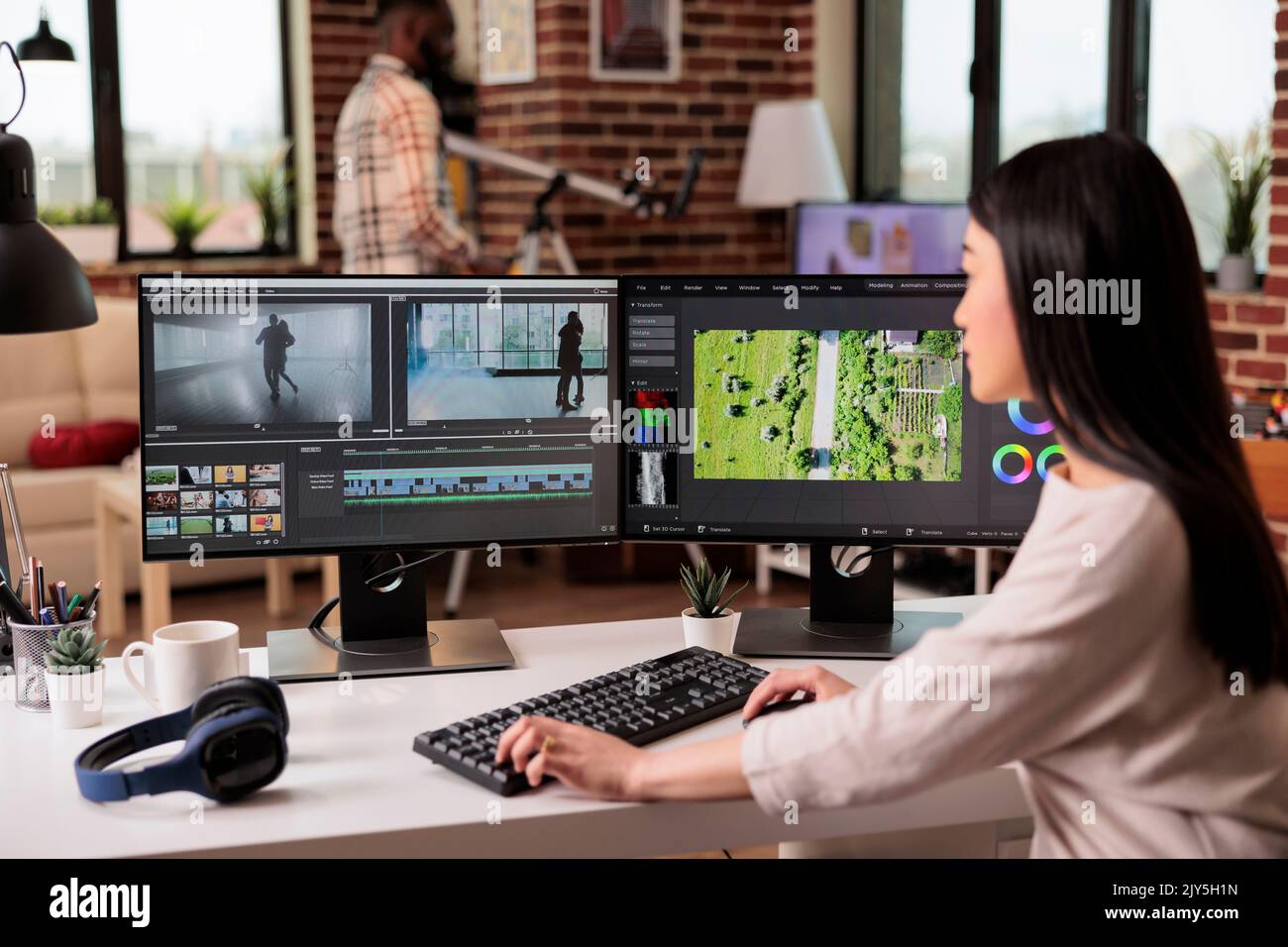 Asian freelancer editing audio film montage with post production ...