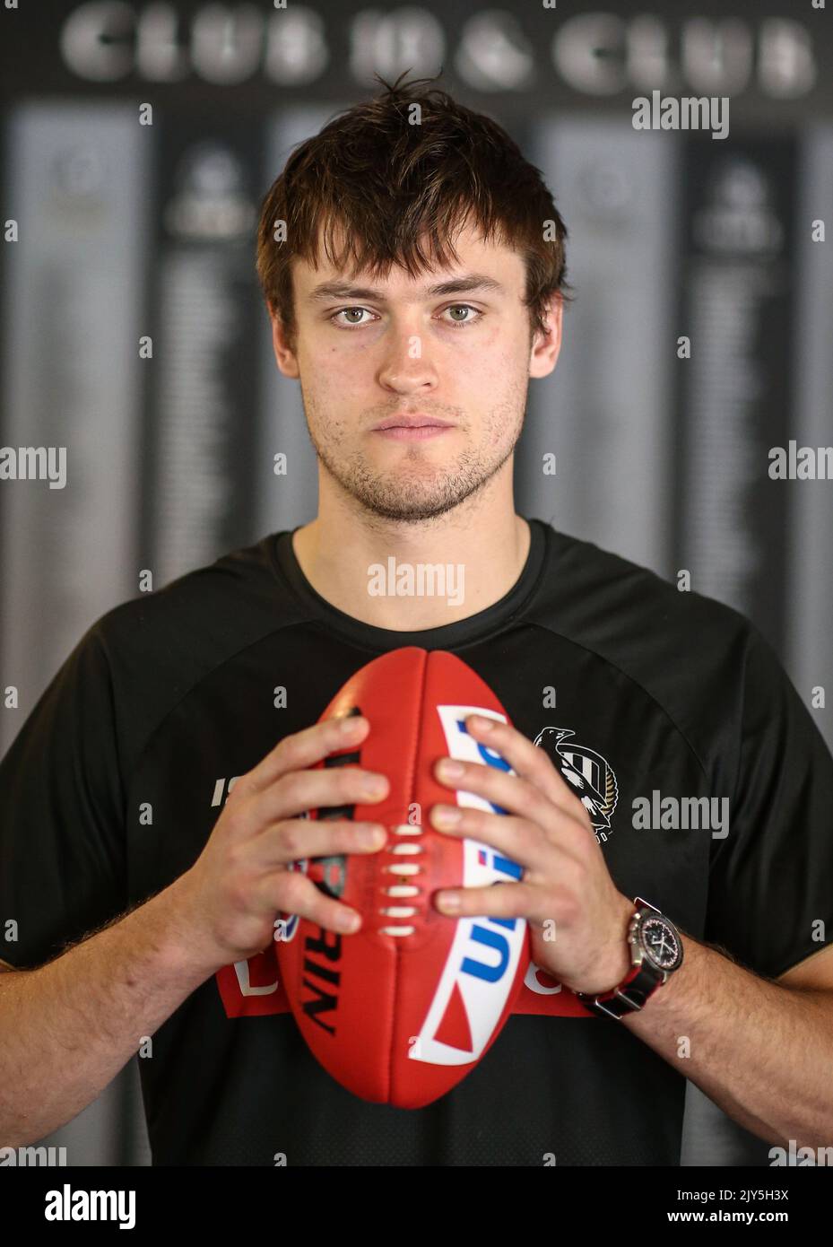 Darcy Moore poses for a portrait during a Collingwood Magpies AFL media ...