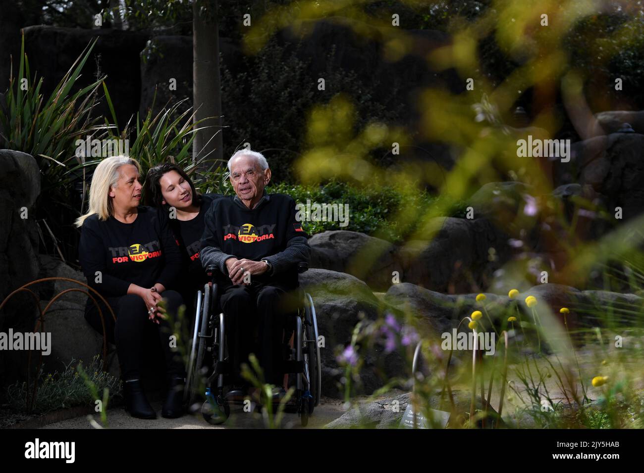 (L-R) Janine, Kyeema, and Uncle Kevin Coombs poses for a photograph at ...