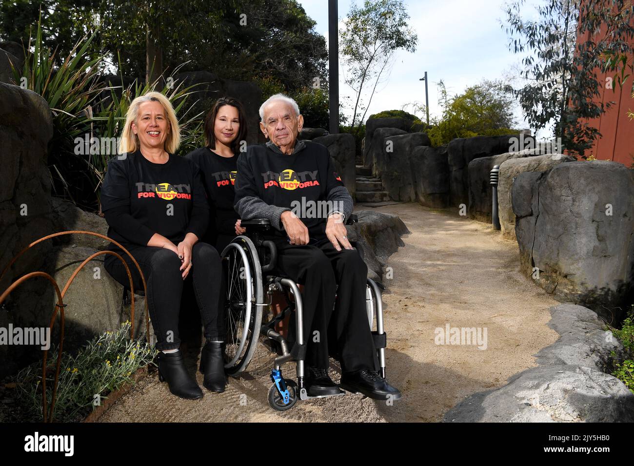 (L-R) Janine, Kyeema, and Uncle Kevin Coombs poses for a photograph at ...