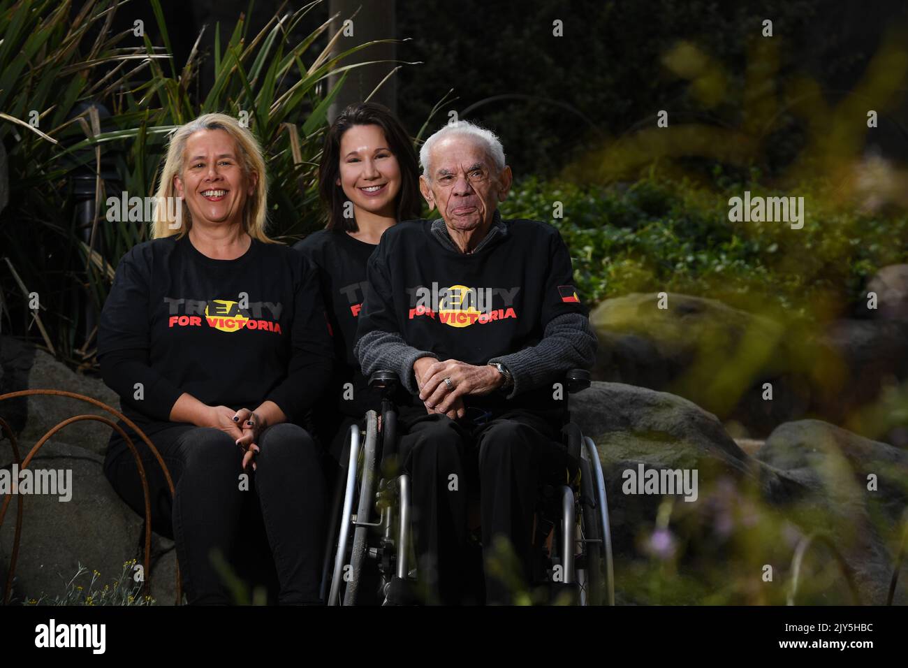 (L-R) Janine, Kyeema, and Uncle Kevin Coombs poses for a photograph at ...