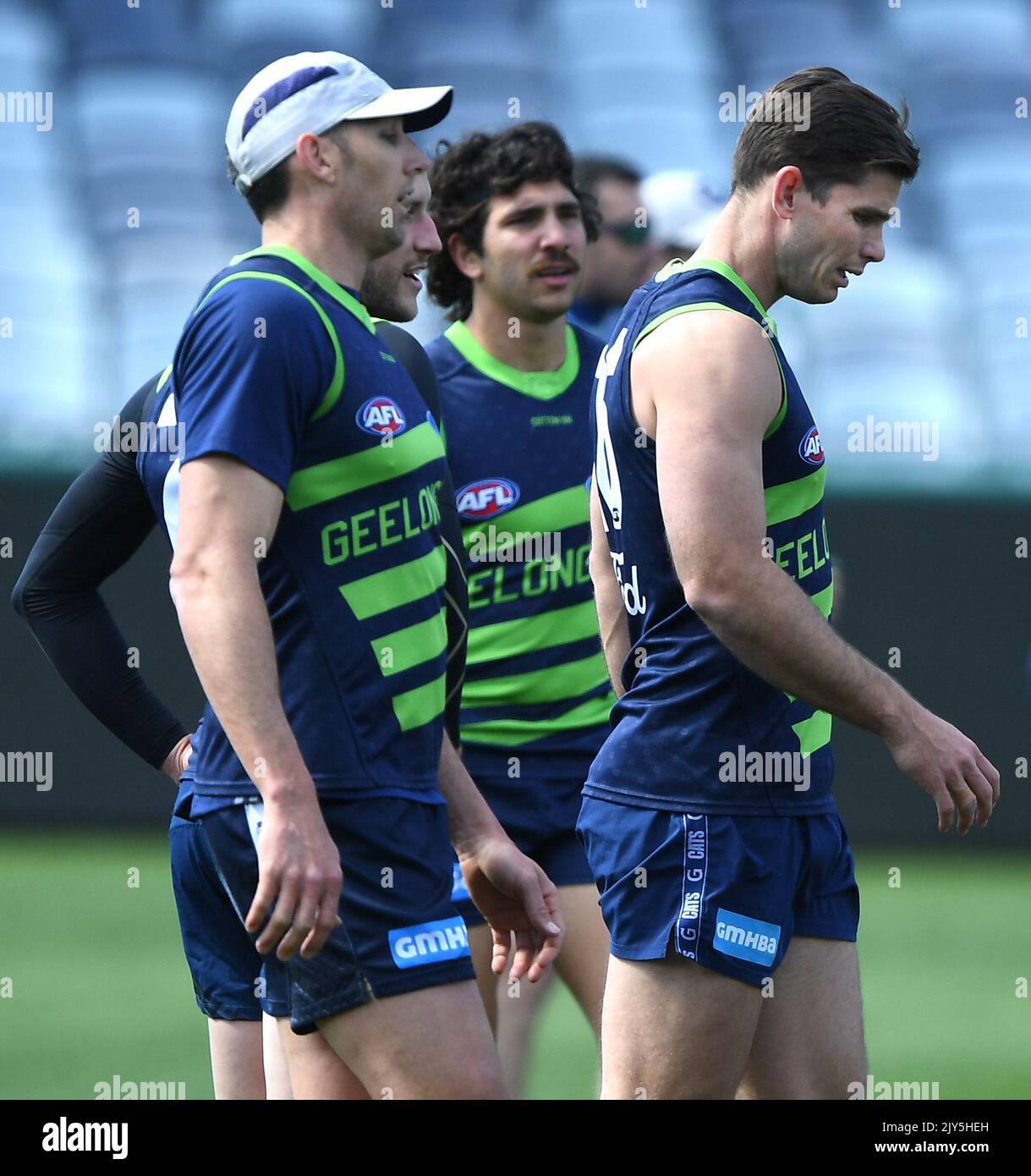 Tom Hawkins of the Geelong Cats (right) is seen at training at GMHBA ...