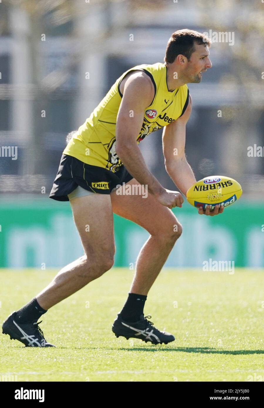 Toby Nankervis of the Tigers handballs during a Richmond Tigers AFL ...