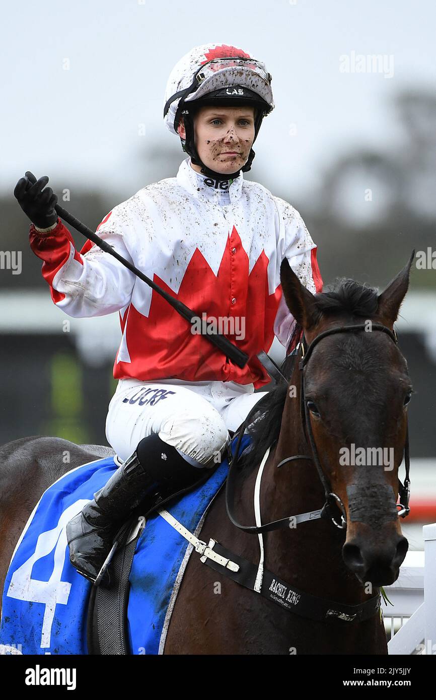 Rachel King returns to the mounting yard after riding Grand Piano to ...