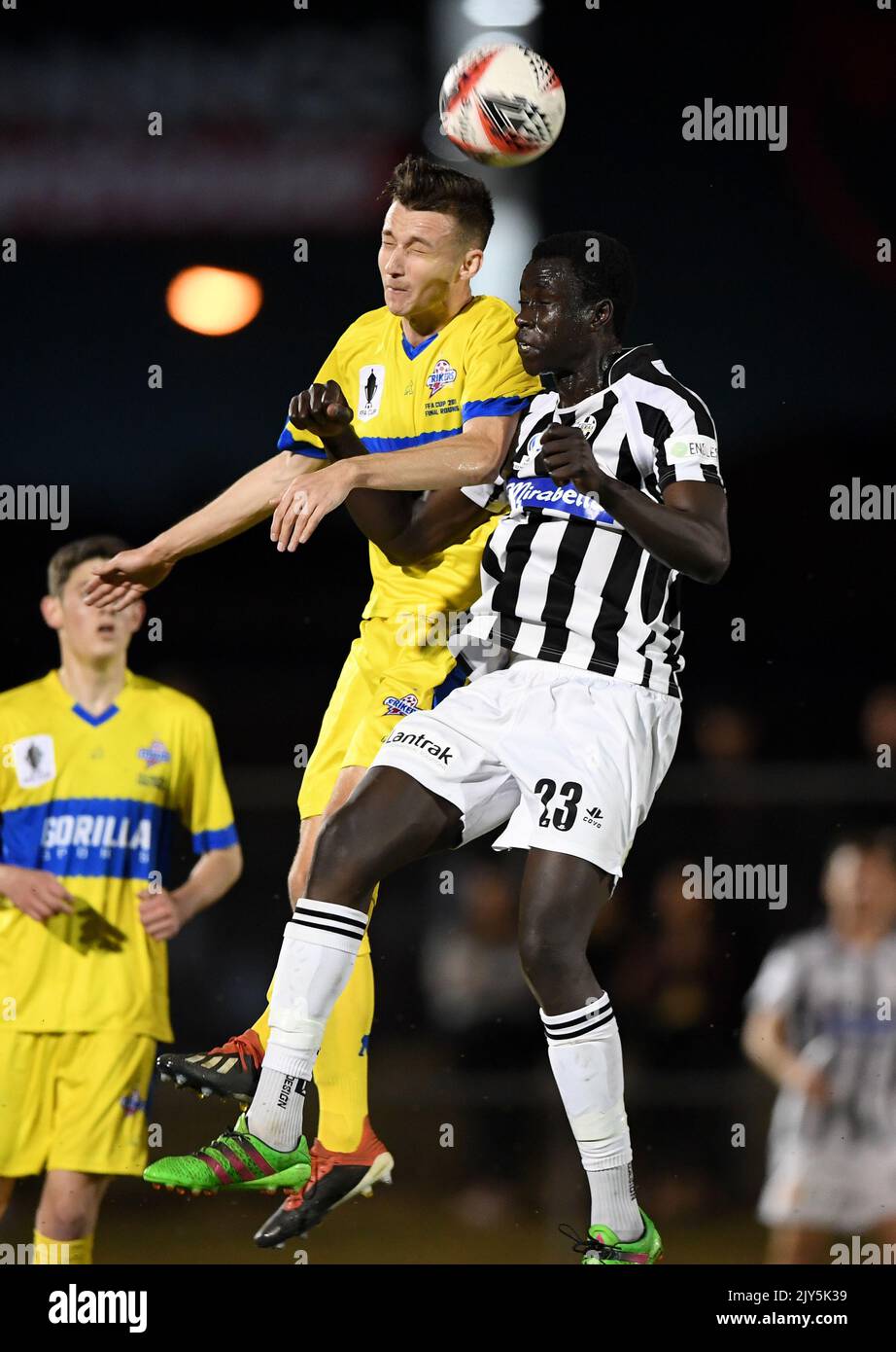 Scott Halliday of the Strikers (left) competes with Gai Gai of the ...