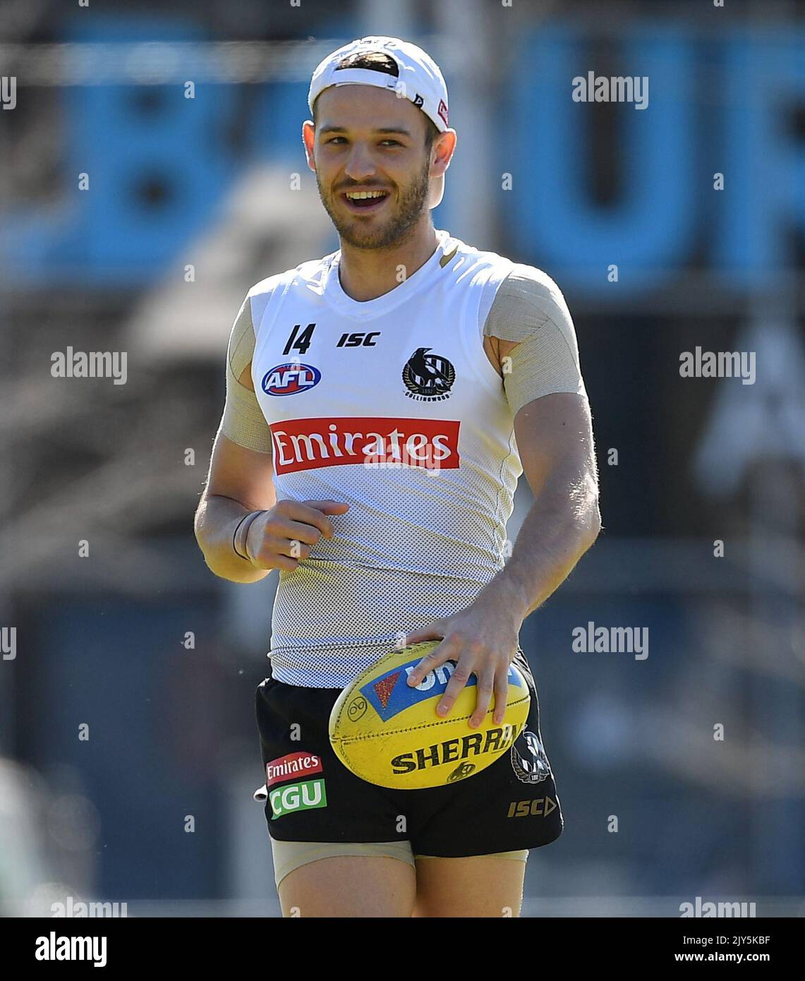 James Aish of the Collingwood Magpies is seen during training at the ...