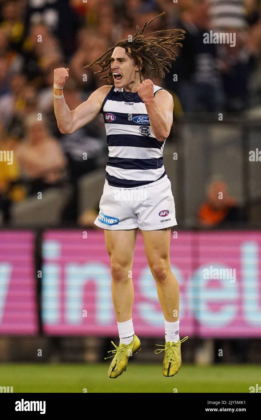 Gryan Miers of the Cats celebrates a goal during the First Preliminary ...