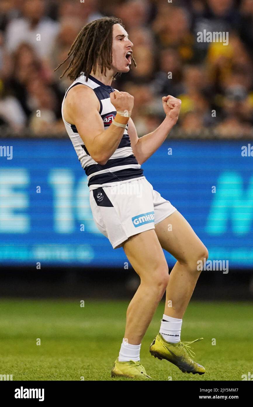 Gryan Miers of the Cats celebrates a goal during the First Preliminary ...