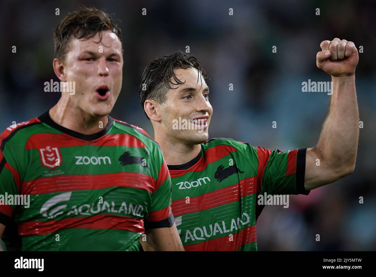 Liam Knight (left) and Cameron Murray of the Rabbitohs celebrate their ...