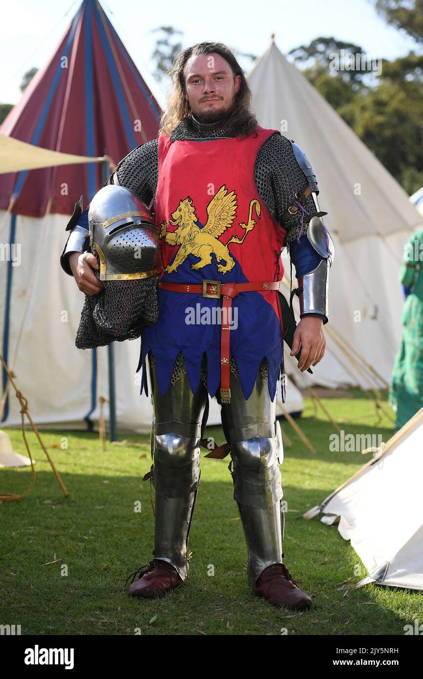 Medieval battle reenactor Richard Sheffield poses for a photograph ...