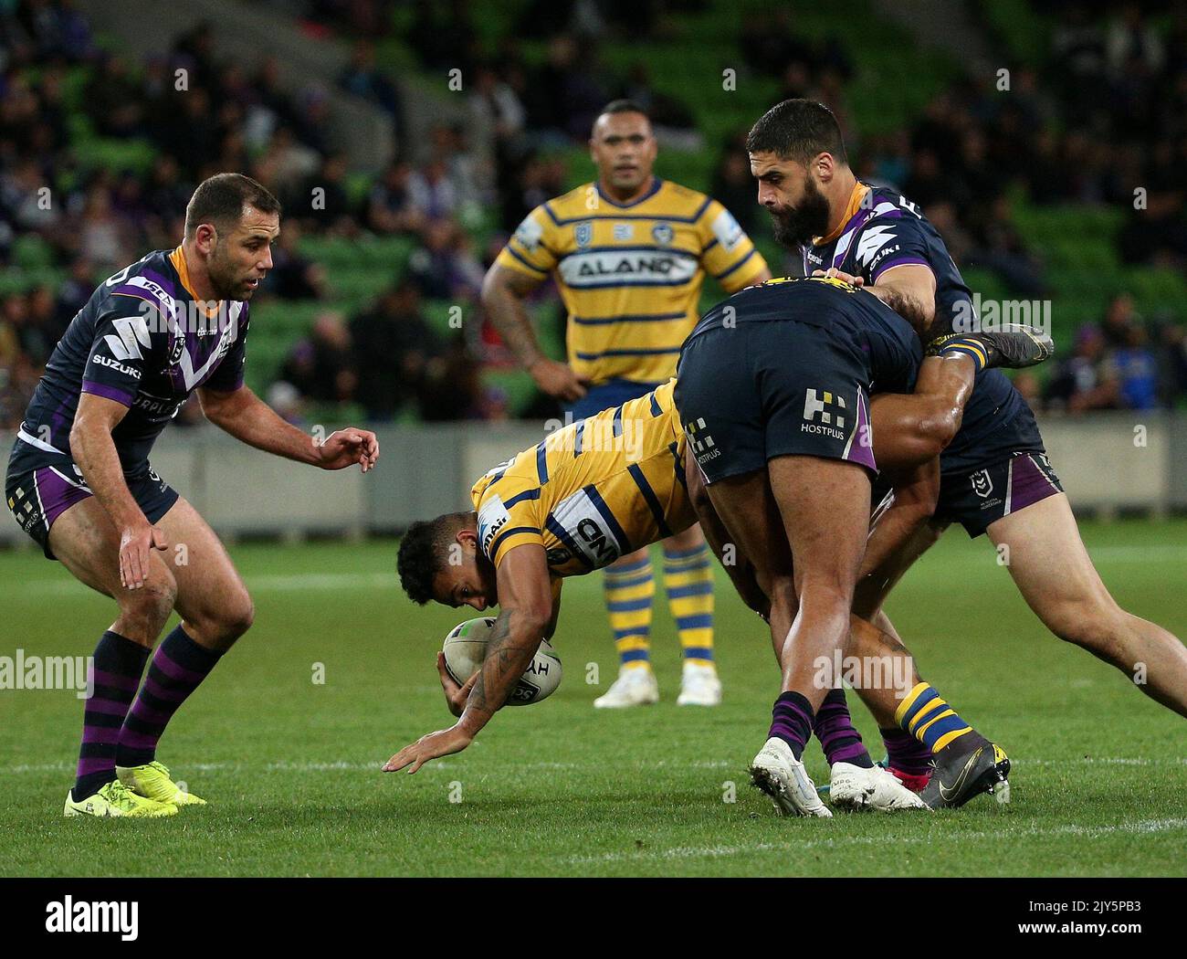 Waqa Blake of the Eels is tackled during the second NRL Semi Final ...