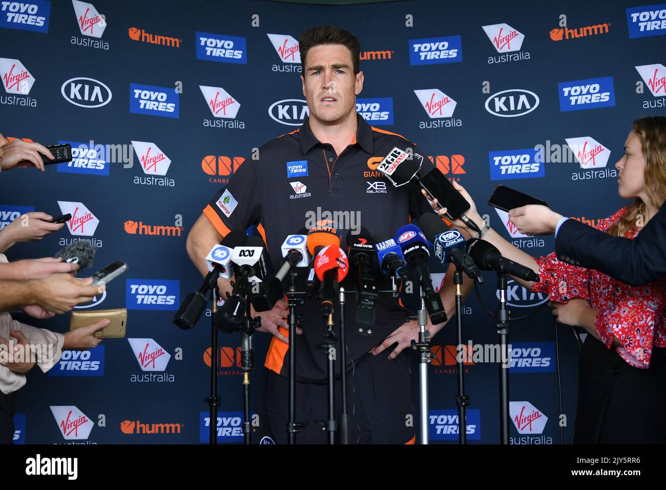 Jeremy Cameron of the GWS Giants speaks to the media during media ...
