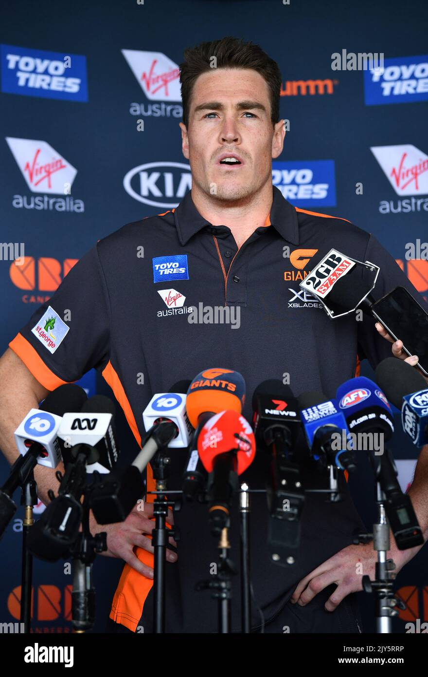 Jeremy Cameron of the GWS Giants speaks to the media during media ...