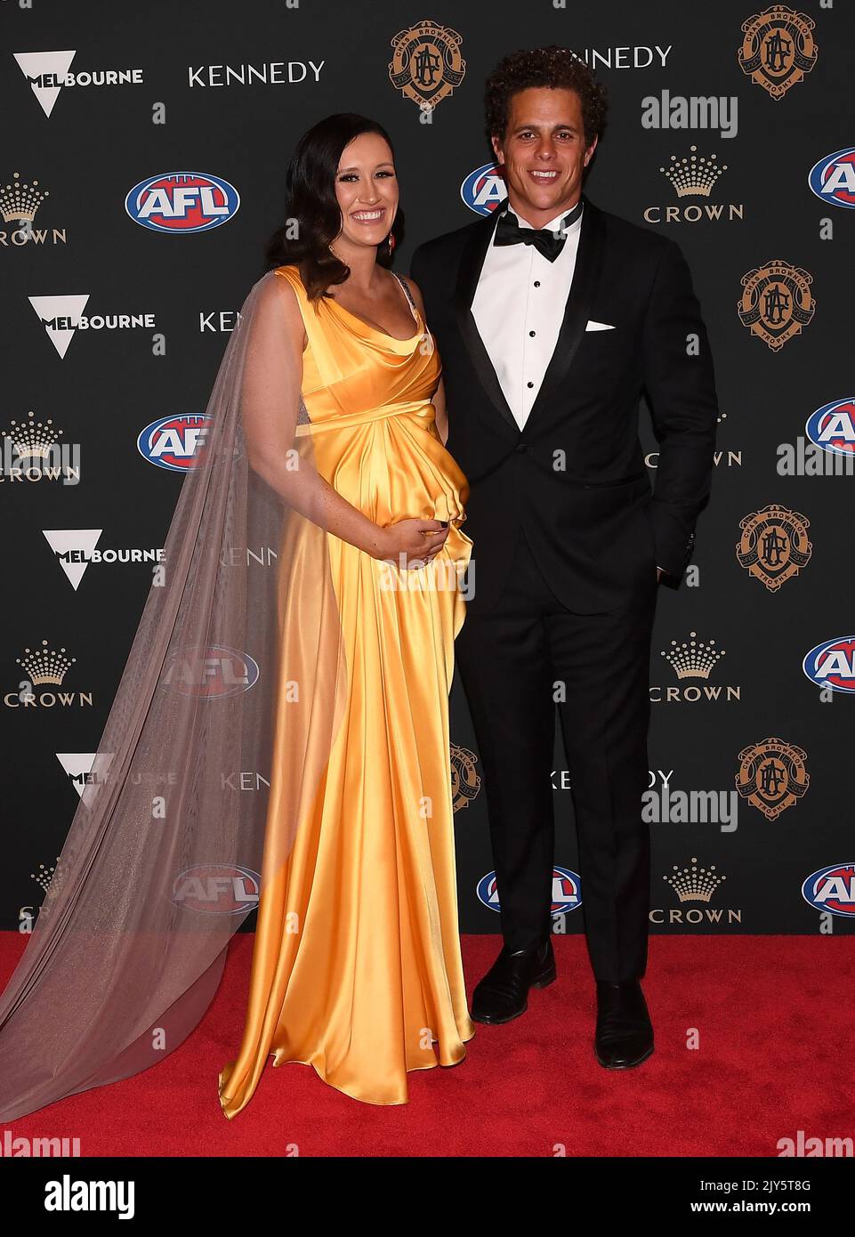 Ed Curnow of the Blues and Emily Curnow arrive at the 2019 Brownlow ...