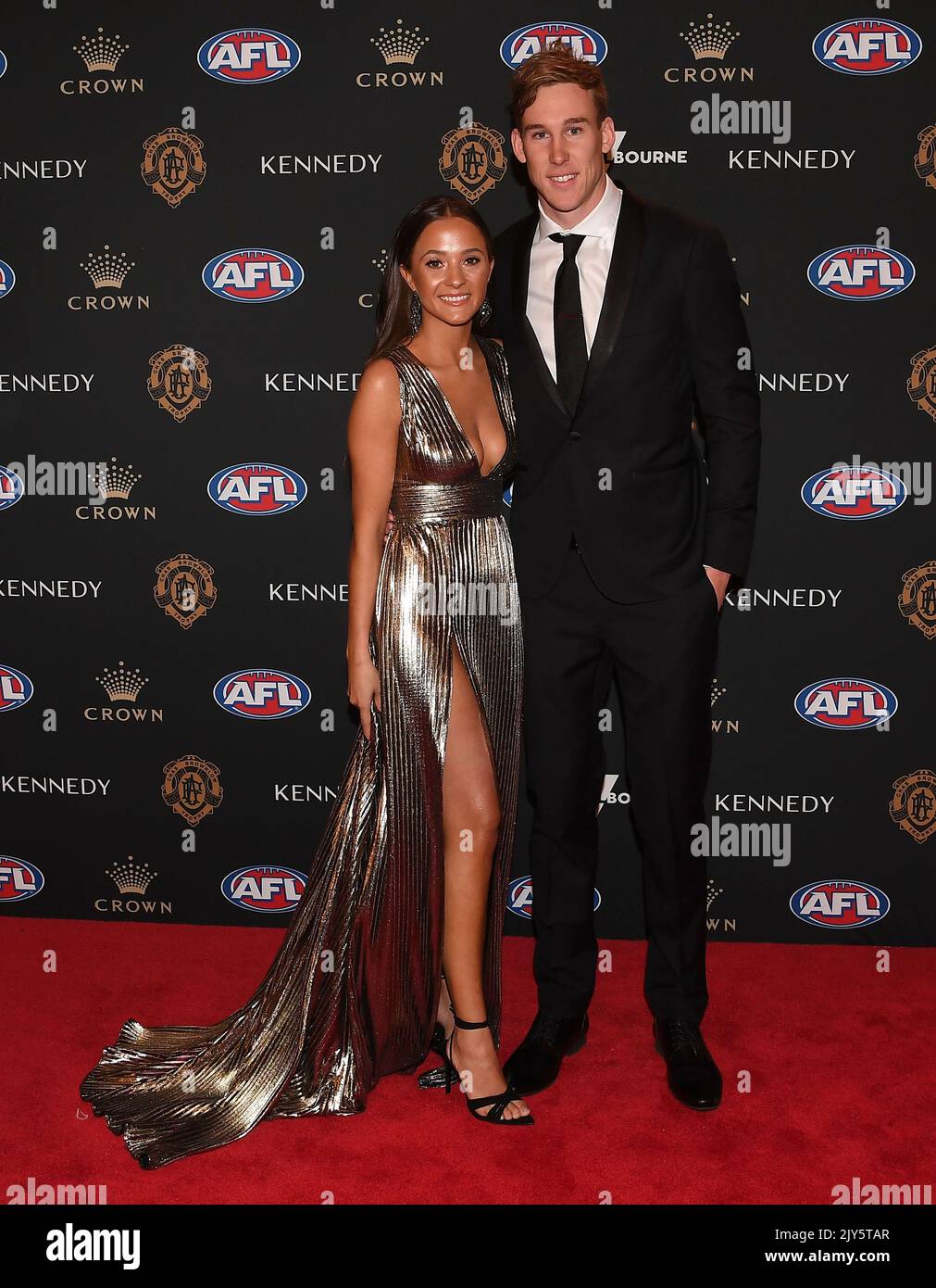 Tom Lynch of the Tigers and Olivia Burke arrive at the 2019 Brownlow ...
