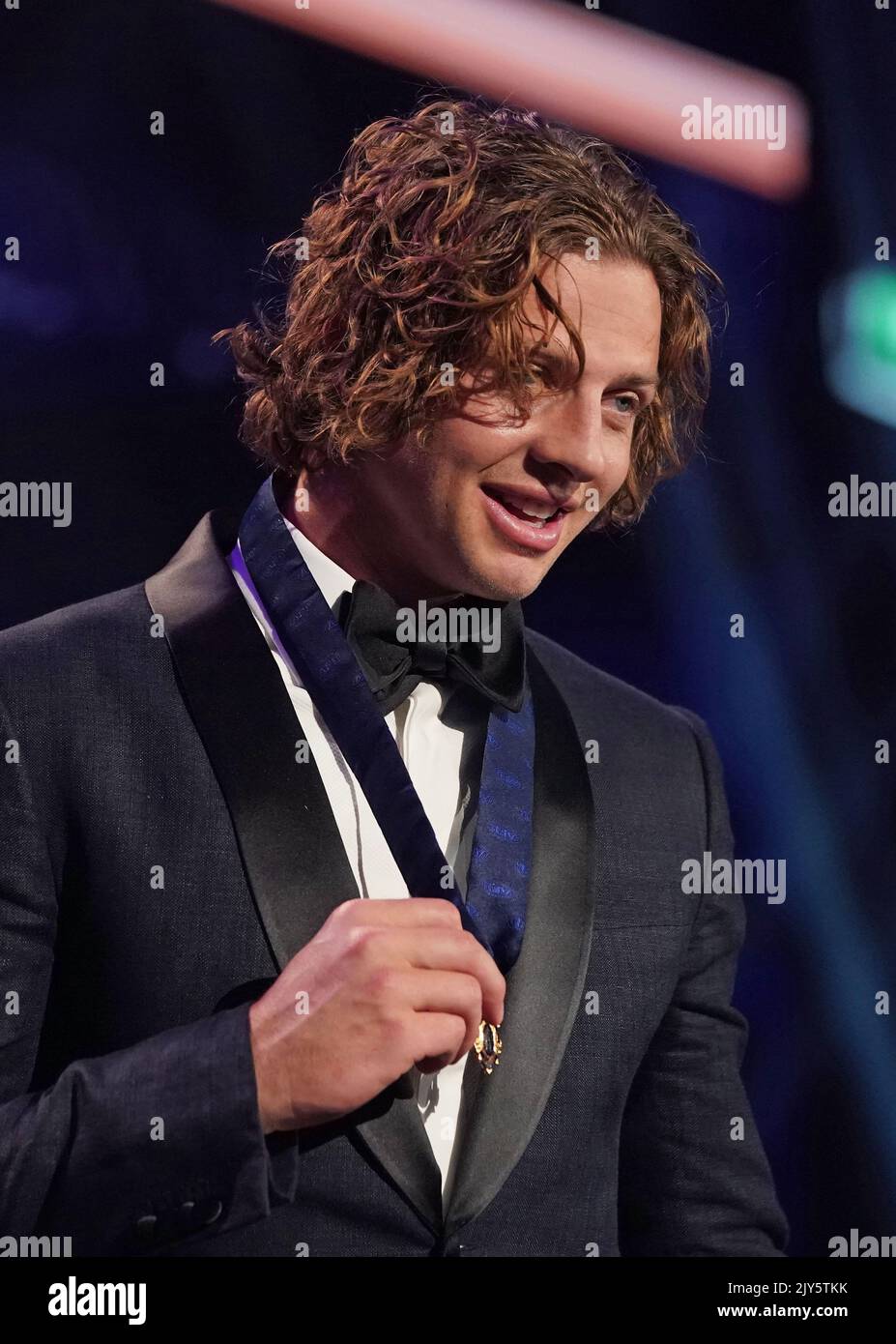 Nat Fyfe of the Fremantle Dockers poses on stage after winning the 2019 ...