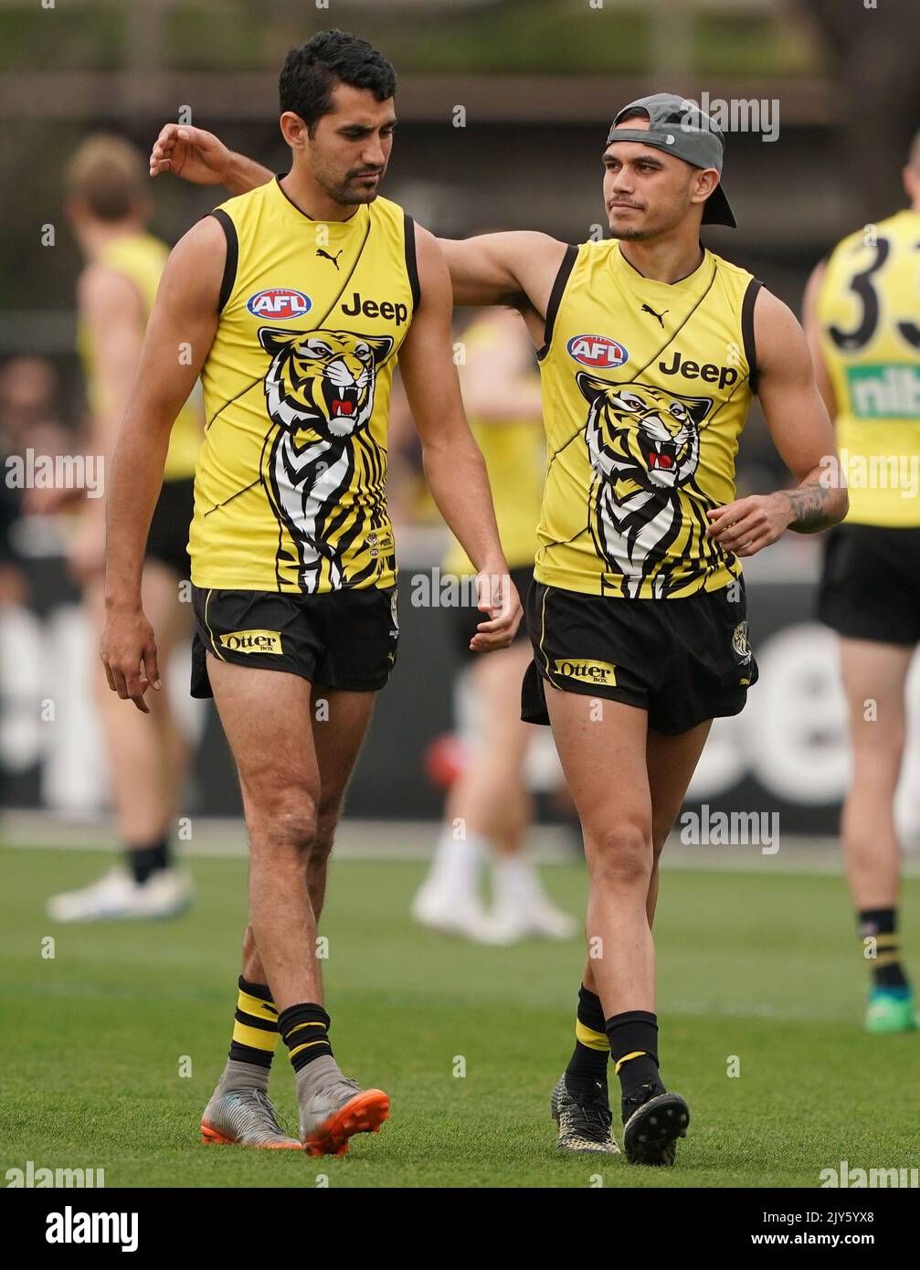 Marlion Pickett and Sydney Stack of the Tigers talk during a Richmond ...