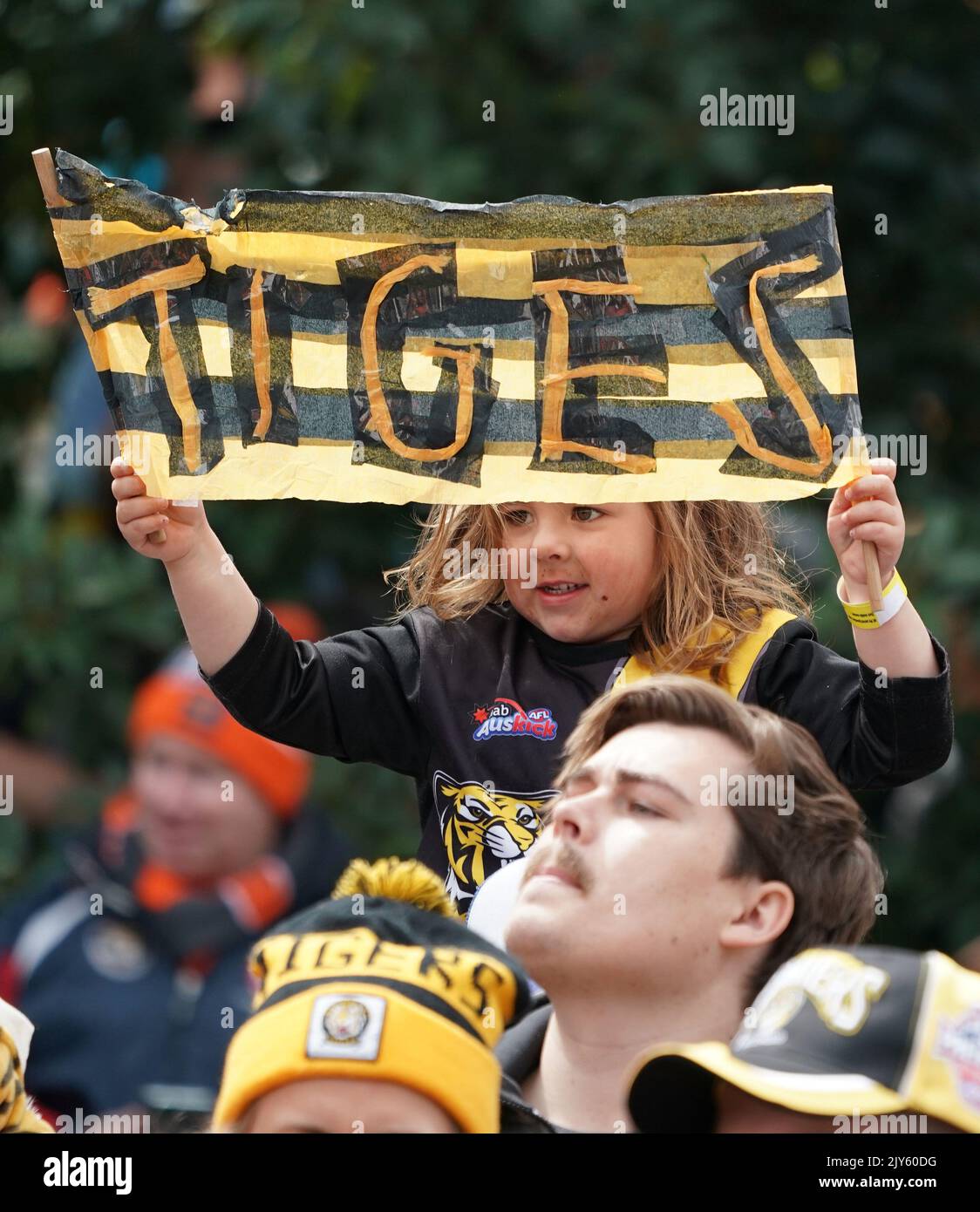 Tigers fans in the crowd show their support during the AFL Grand Final ...