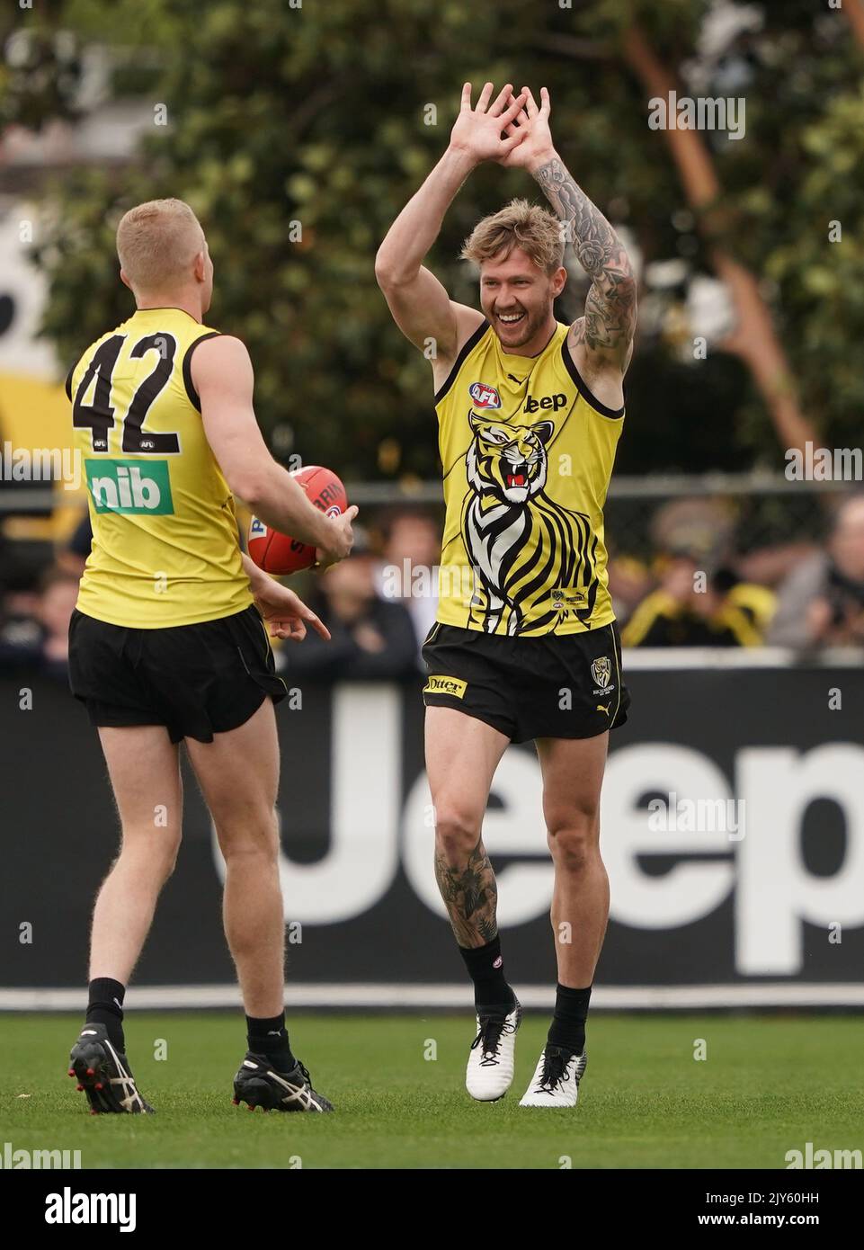 Nathan Broad of the Tigers gestures during a Richmond Tigers AFL ...