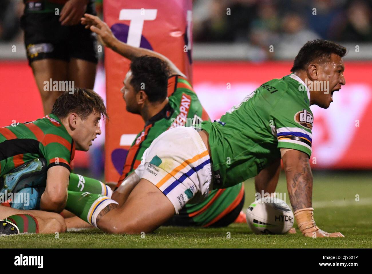 Joshua Papalii of the Raiders celebrates his try try during the NRL ...
