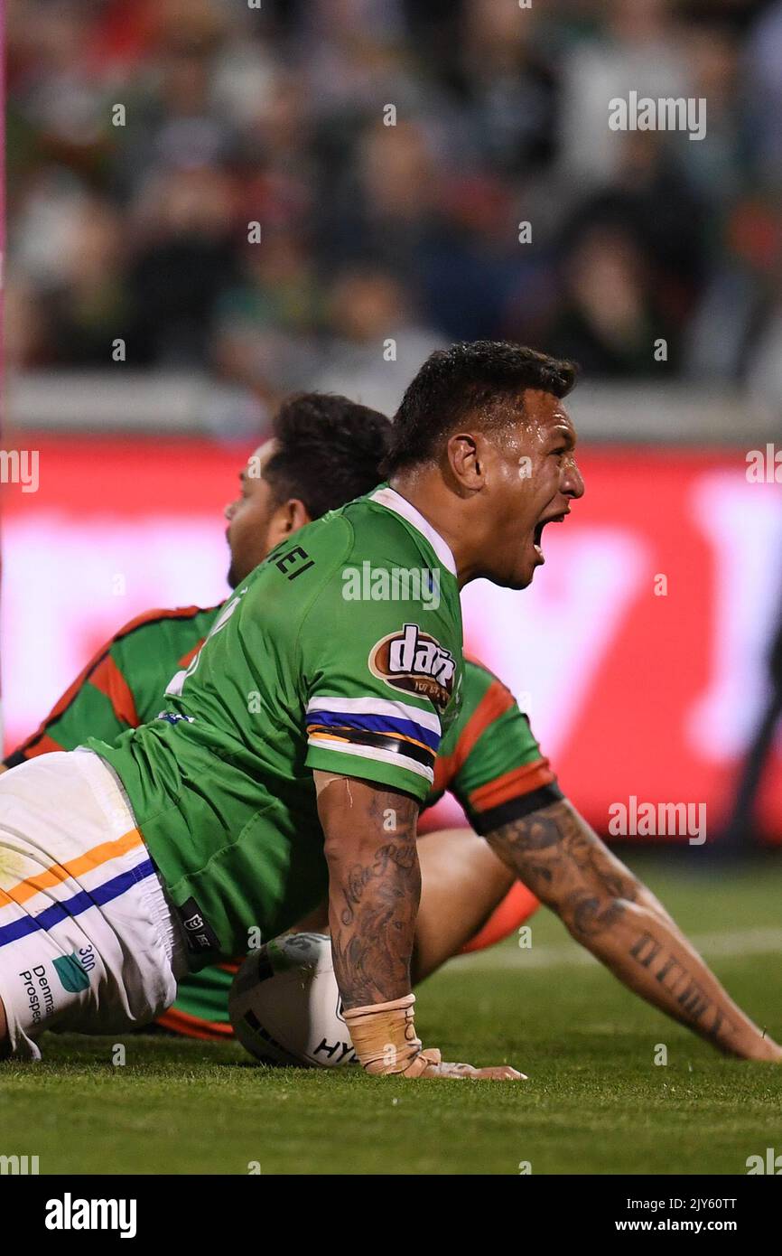 Joshua Papalii of the Raiders celebrates his try try during the NRL ...