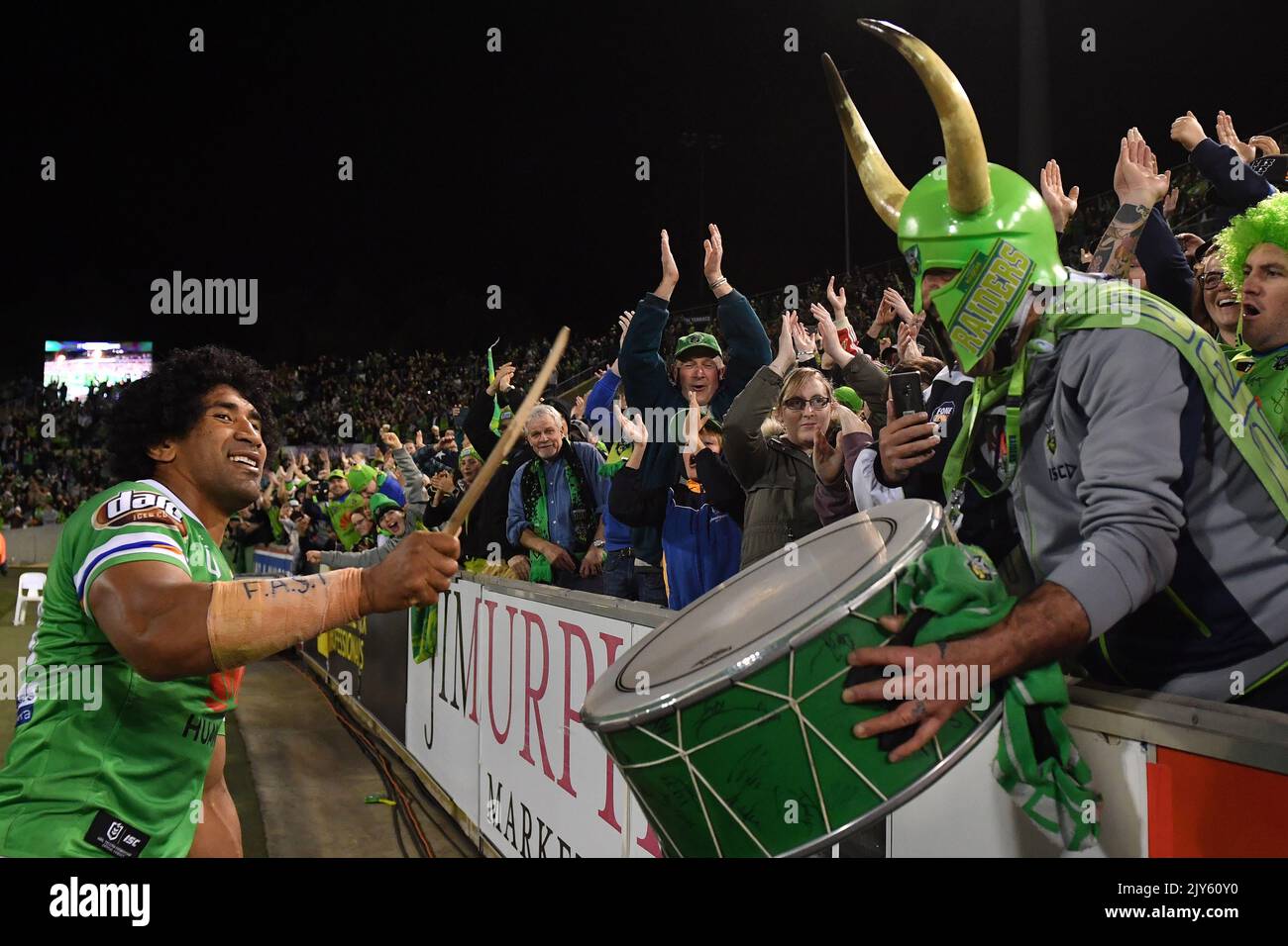 Iosia Soliola of the Raiders celebrates with supporters after their win ...