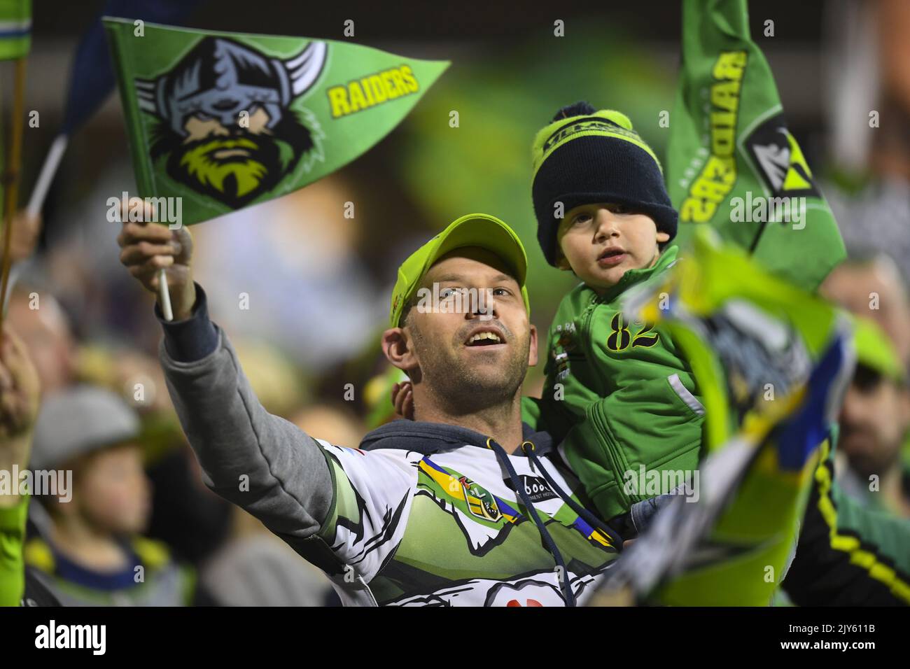 Raiders fans react during the NRL Preliminary Final match between the ...