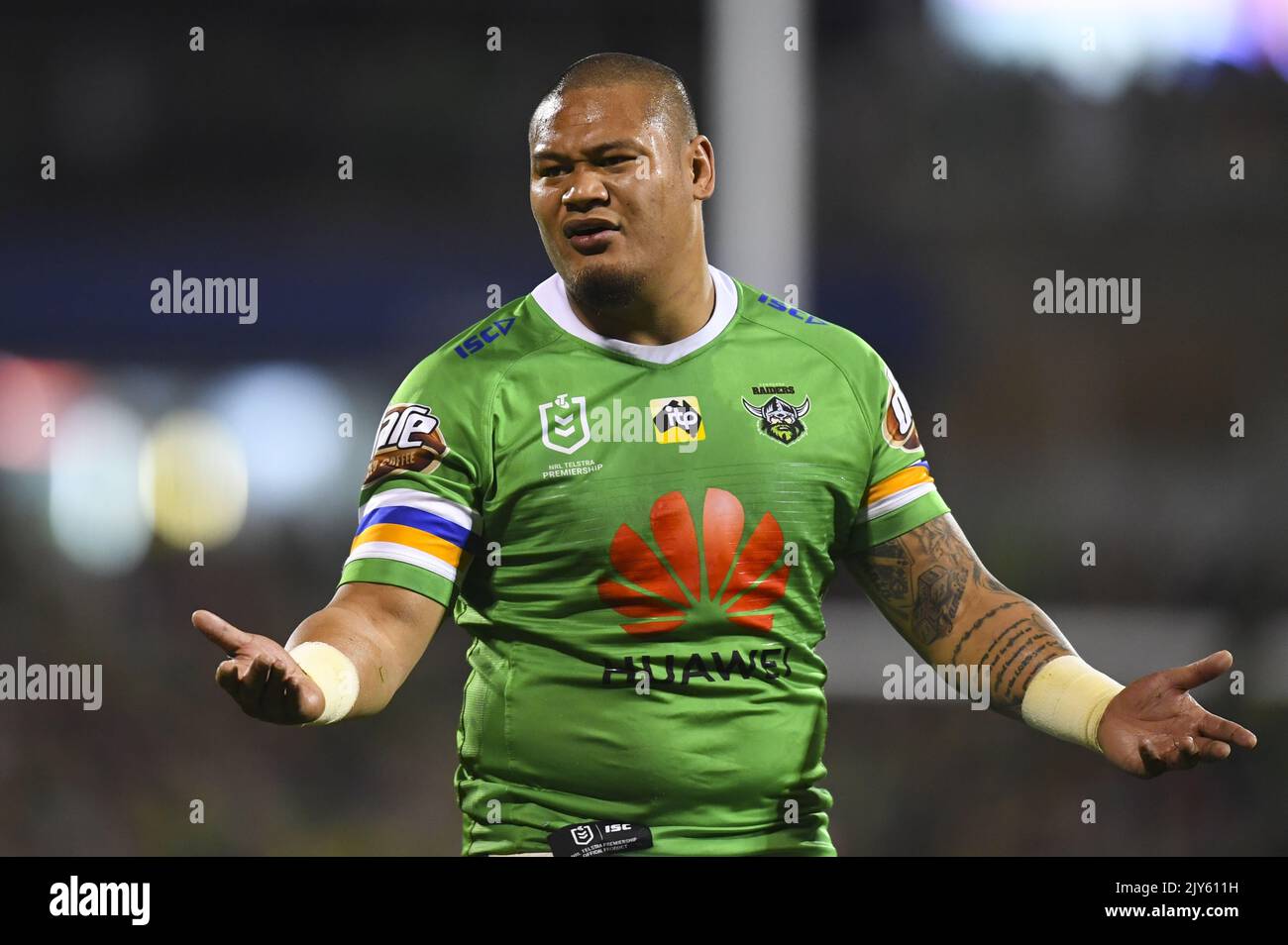 Joseph Leilua of the Raiders reacts during the NRL Preliminary Final ...