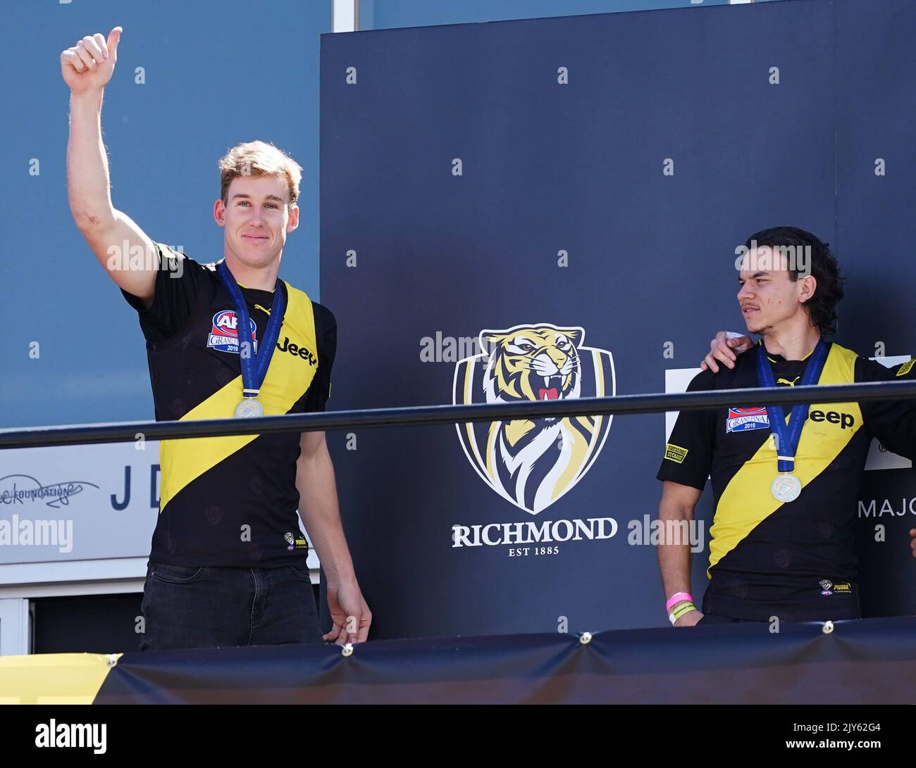 Tom Lynch of the Tigers celebrates their team's victory in the 2019 AFL ...