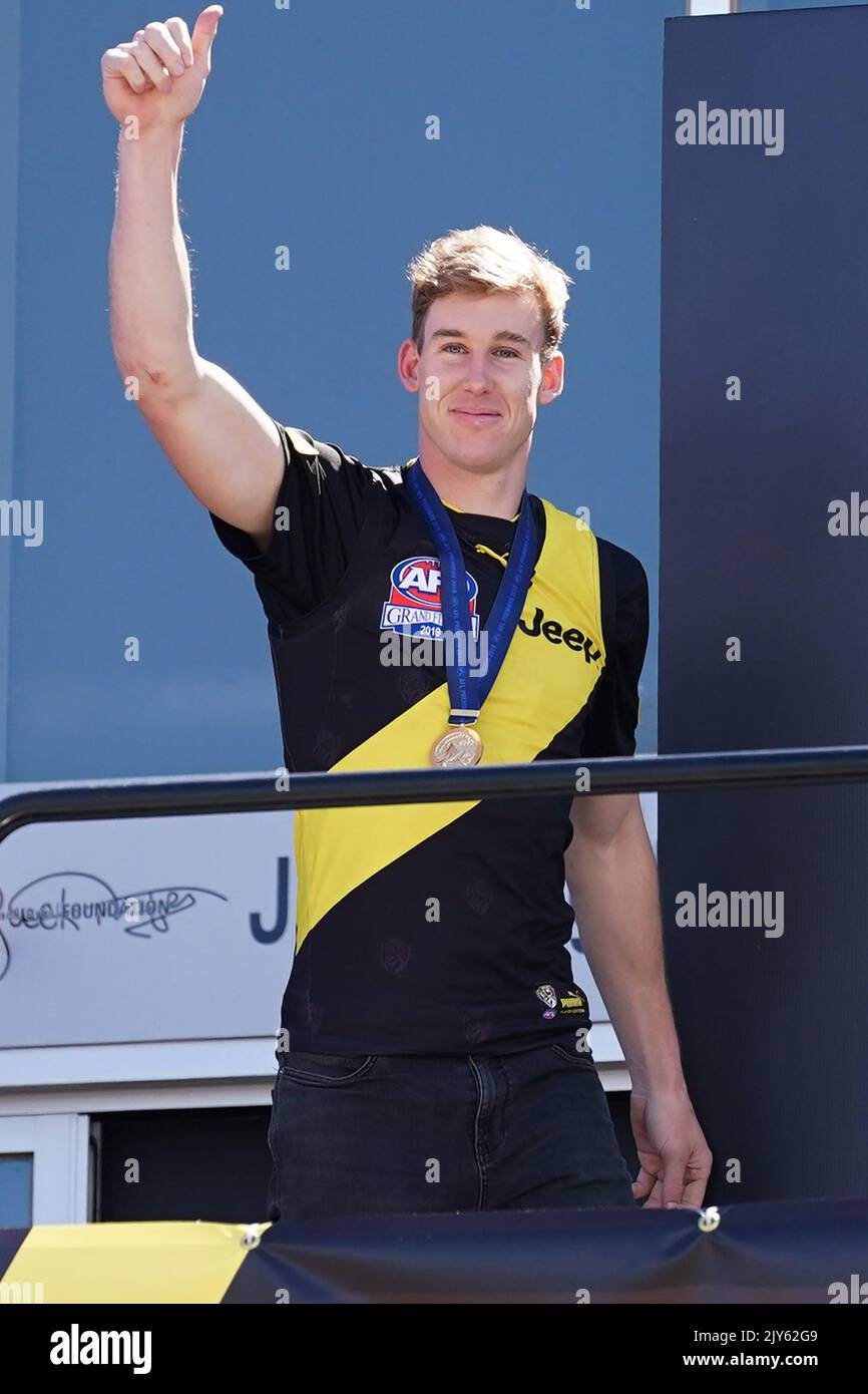 Tom Lynch of the Tigers celebrates their team's victory in the 2019 AFL ...