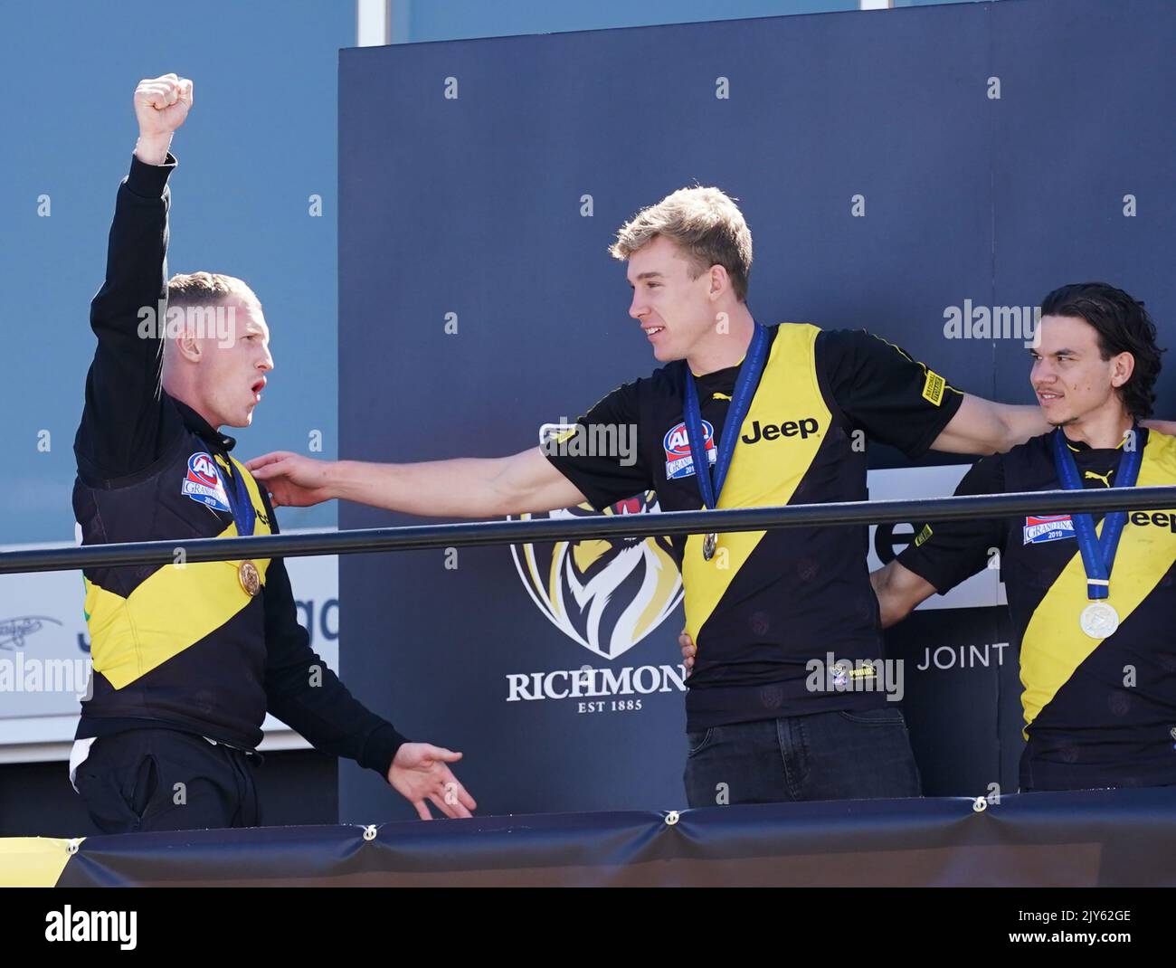 Josh Caddy of the Tigers celebrates their team's victory in the 2019 ...