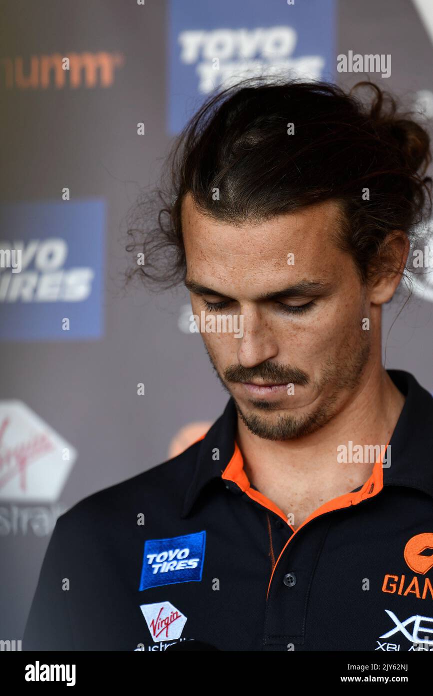 GWS Giants co-captain Phil Davis speaks to the media during a press ...